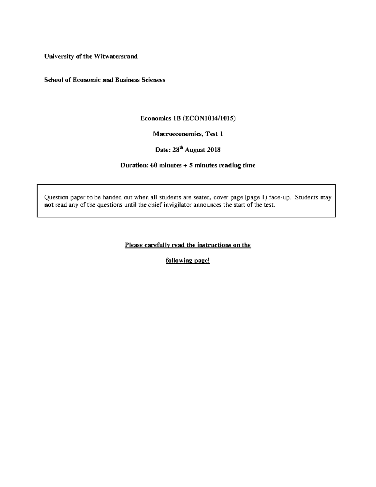 TEST 1 SEM 2 2018 - Second-semester macroeconomics test based on ...