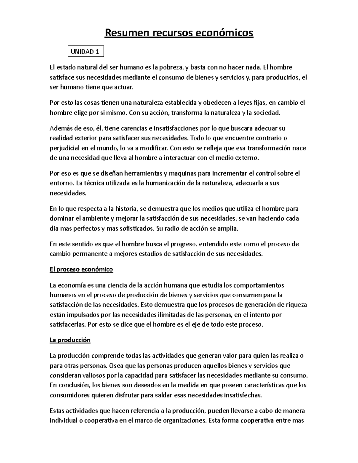 Recursos Economicos, Resumen - Resumen recursos económicos UNIDAD 1 El ...