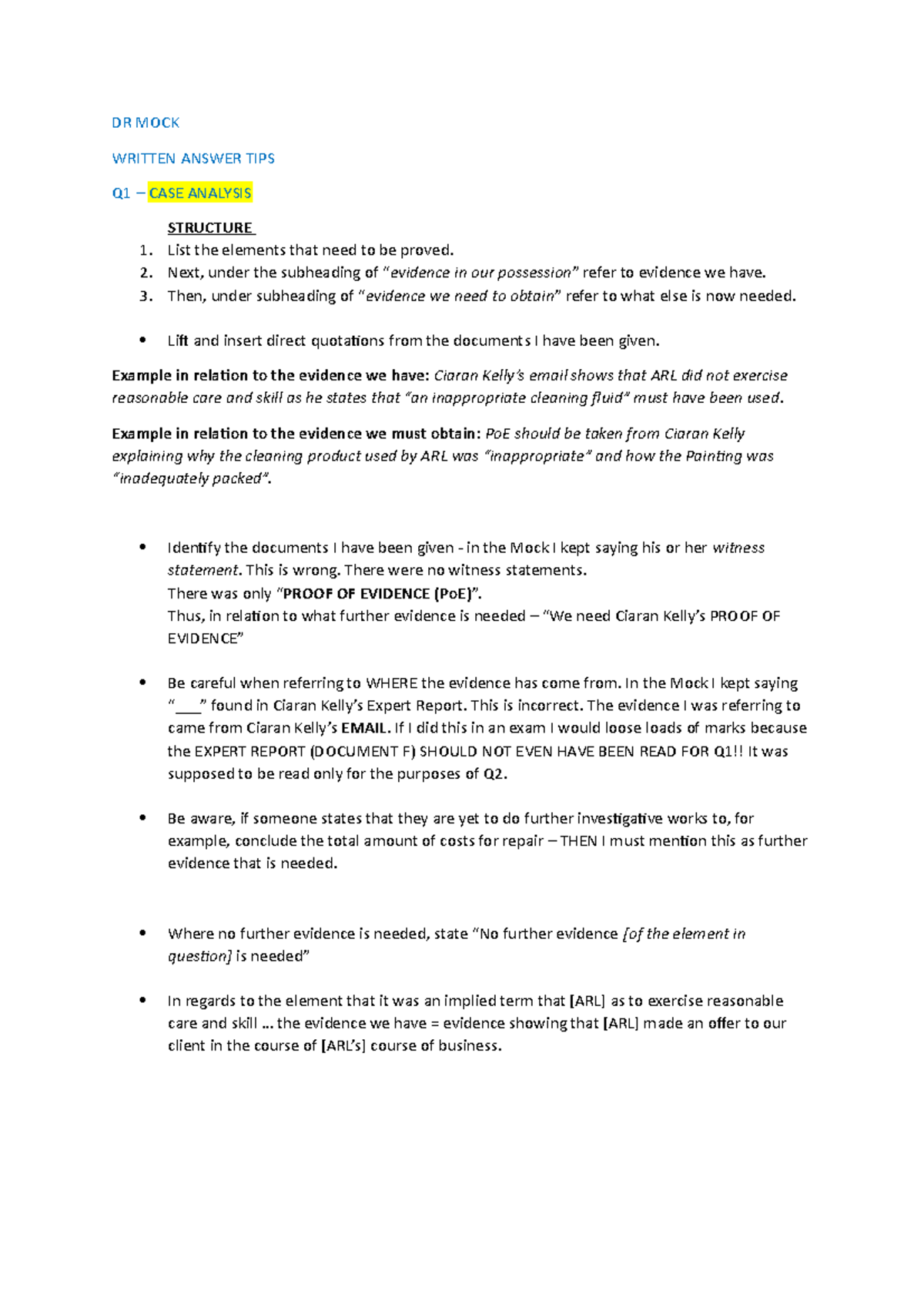 DR MOCK tips - DR Mock tips - DR MOCK WRITTEN ANSWER TIPS Q1 – CASE ...