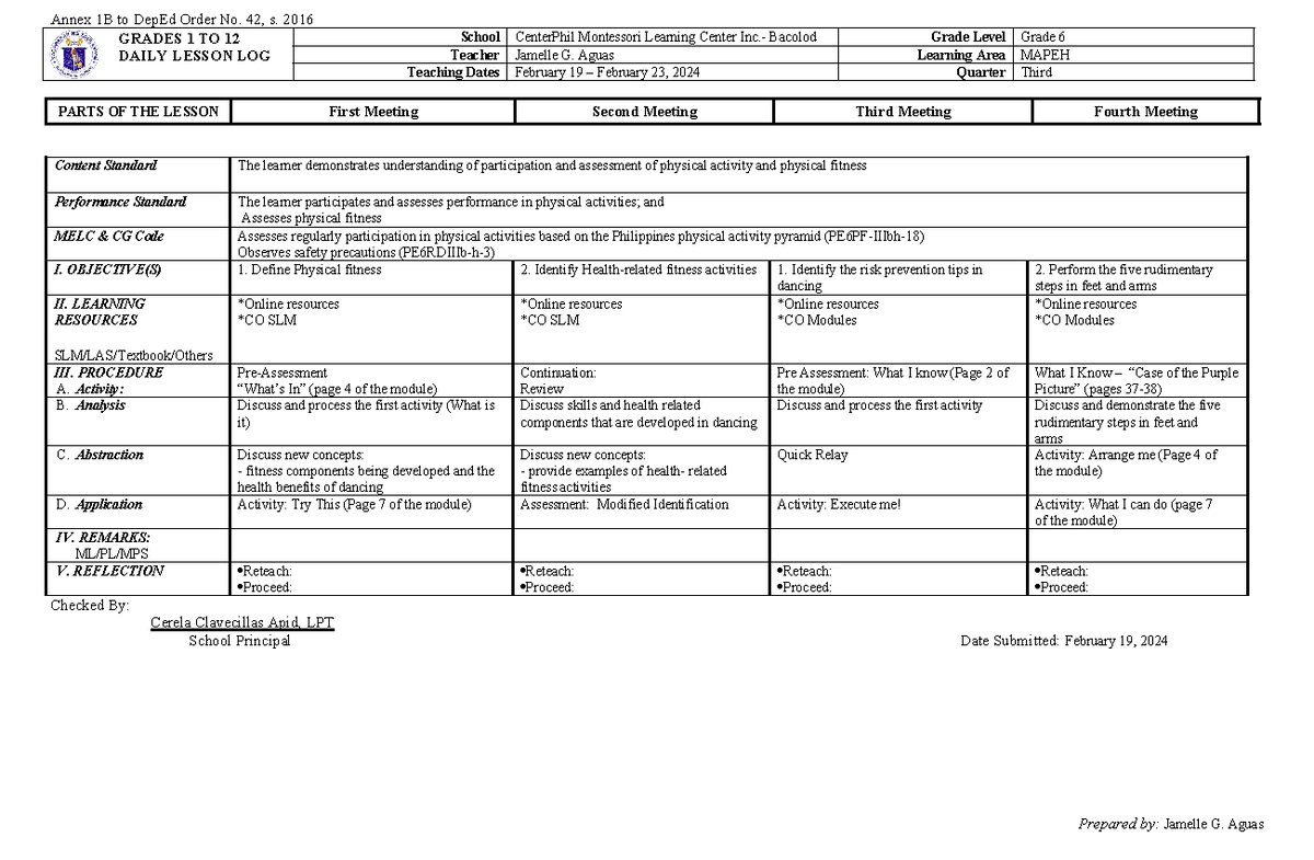 DLL-Mapeh-Grade-6 Q3 week 3 - Annex 1B to DepEd Order No. 42, s. 2016 GRADES 1 TO 12 DAILY ...
