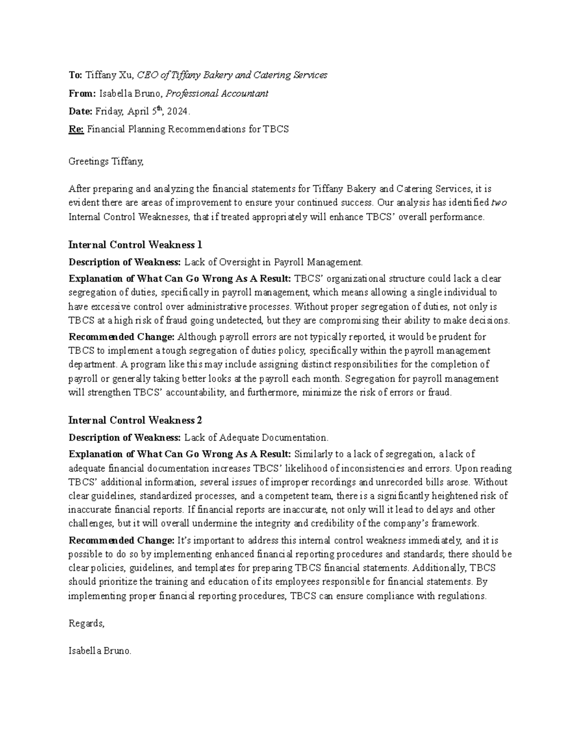 Isabella Bruno AFA100 (Section 011) - Case Assignment (Memo) - To ...