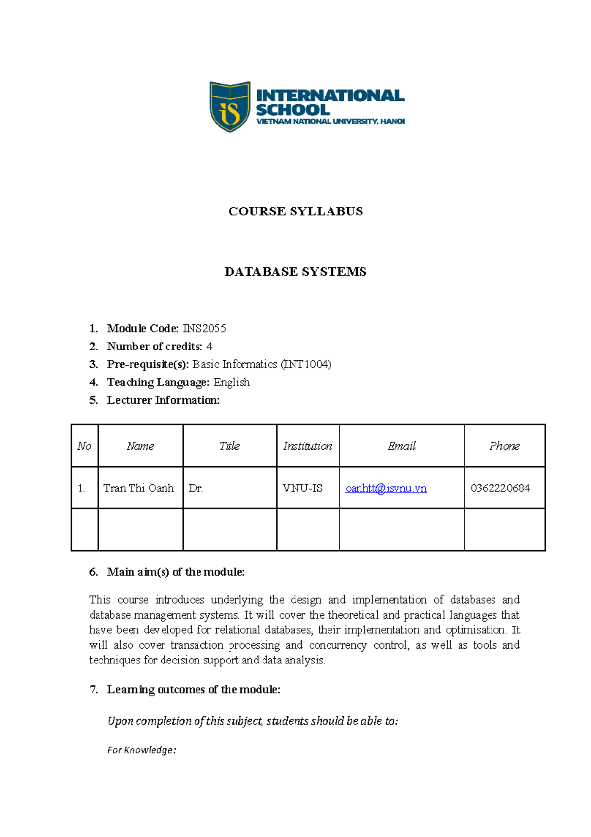INS2055 - Database Systems - syllabus - COURSE SYLLABUS DATABASE ...