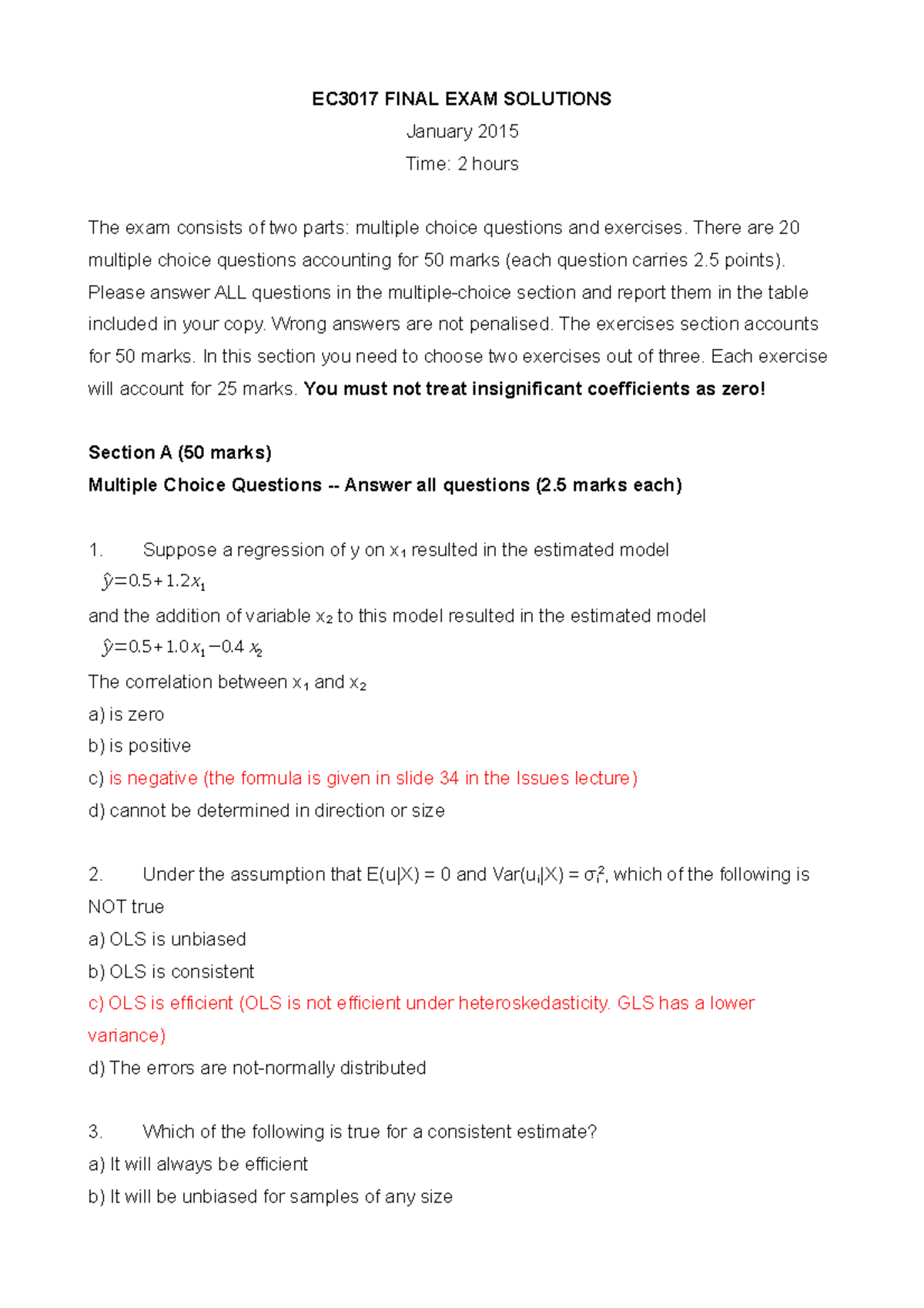 Sample Exam - EC3017 FINAL EXAM SOLUTIONS January 2015 Time: 2 hours The exam consists of two ...