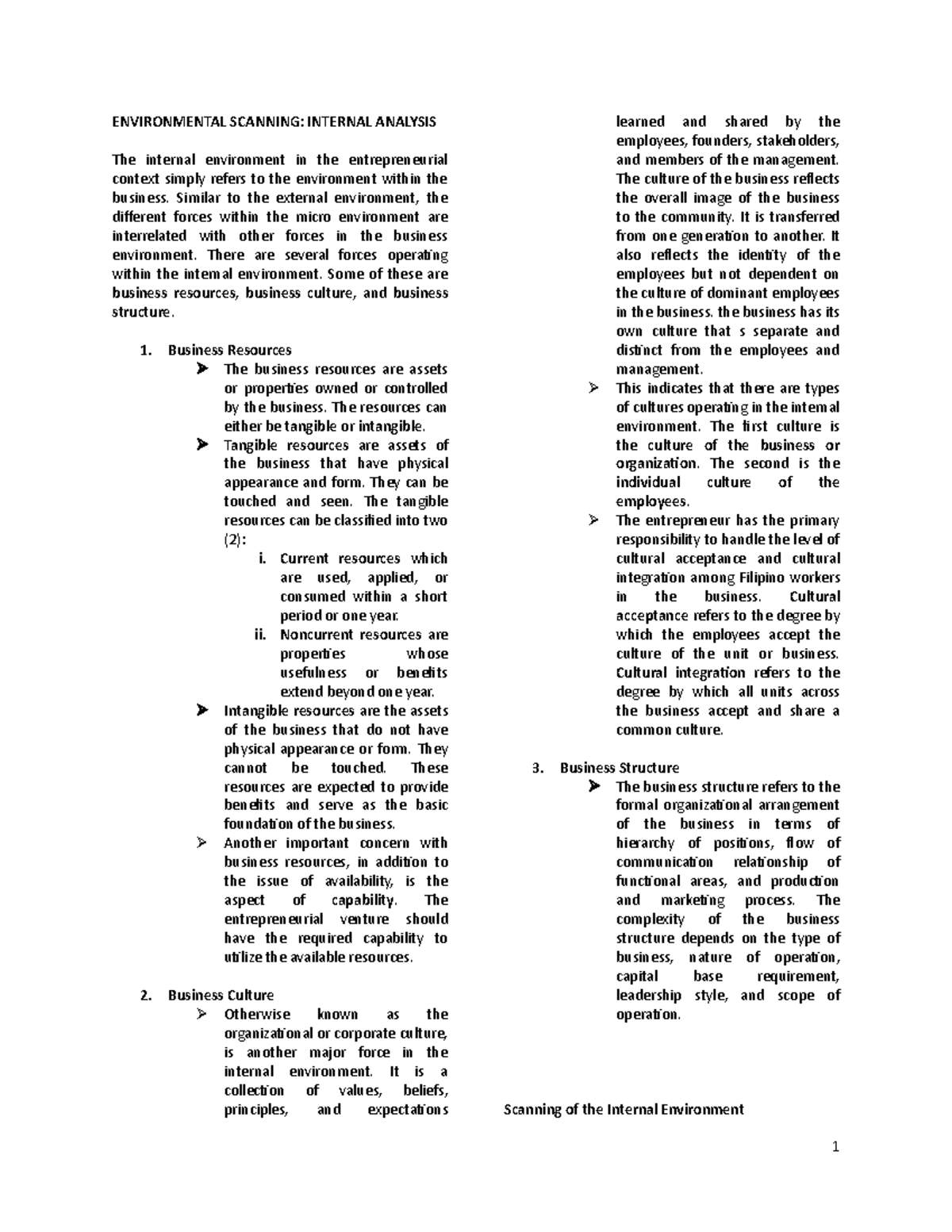 Environmental Scanning Internal Analysis Environmental Scanning