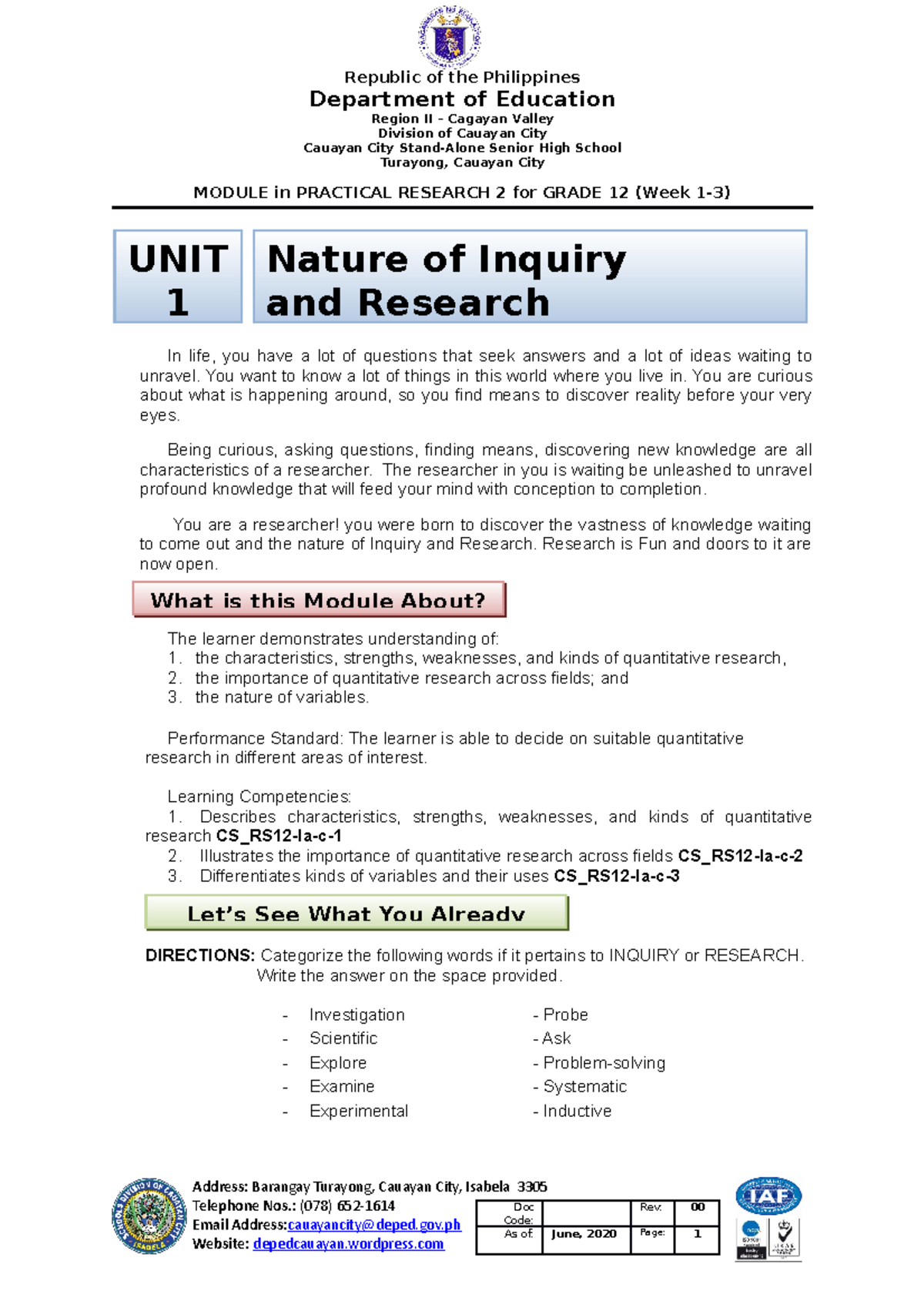 Module in PRAC Research II Unit 1 - Doc Code: Rev: 00 As of: June, 2020 ...