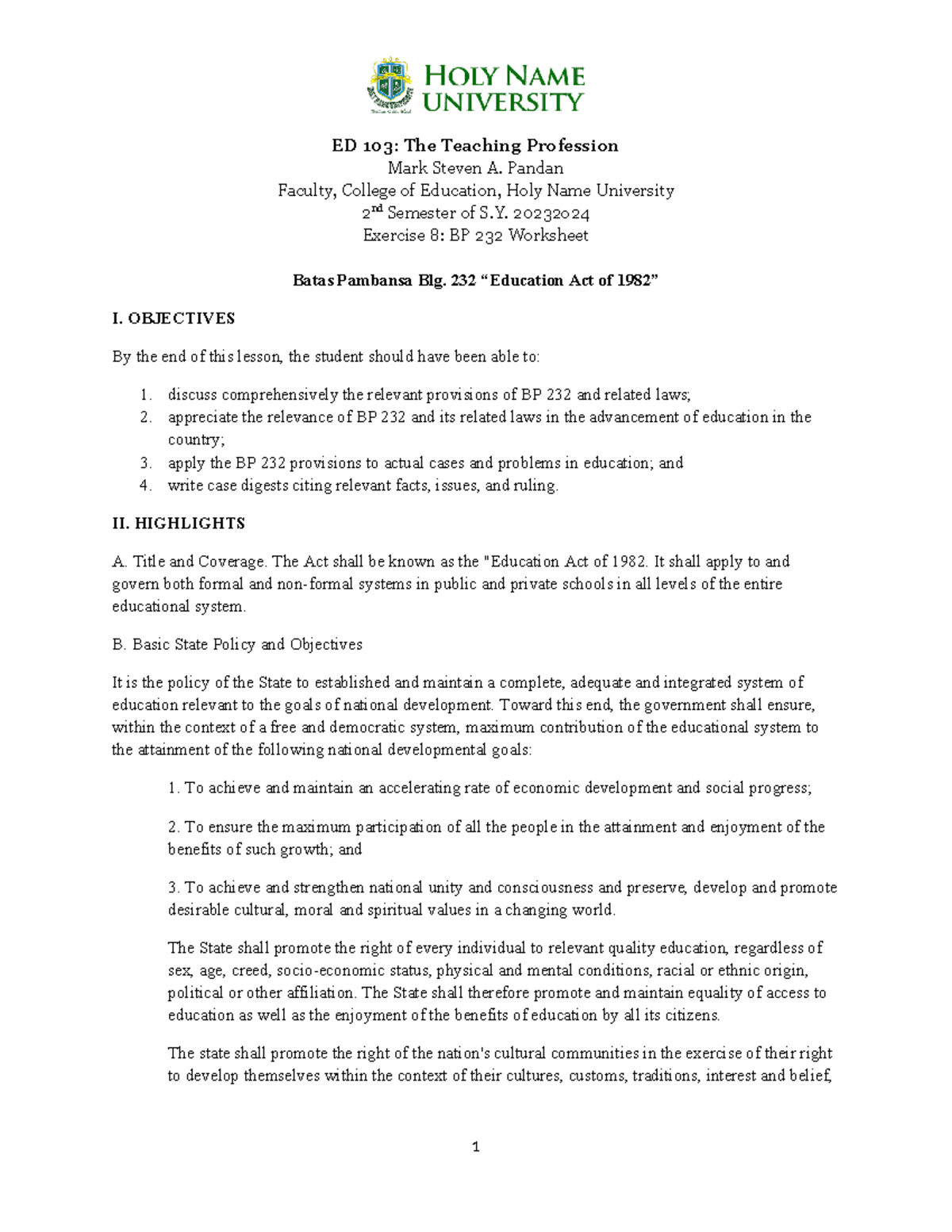 ED 105 Exercise 8 - Notes - ED 103: The Teaching Profession Mark Steven ...