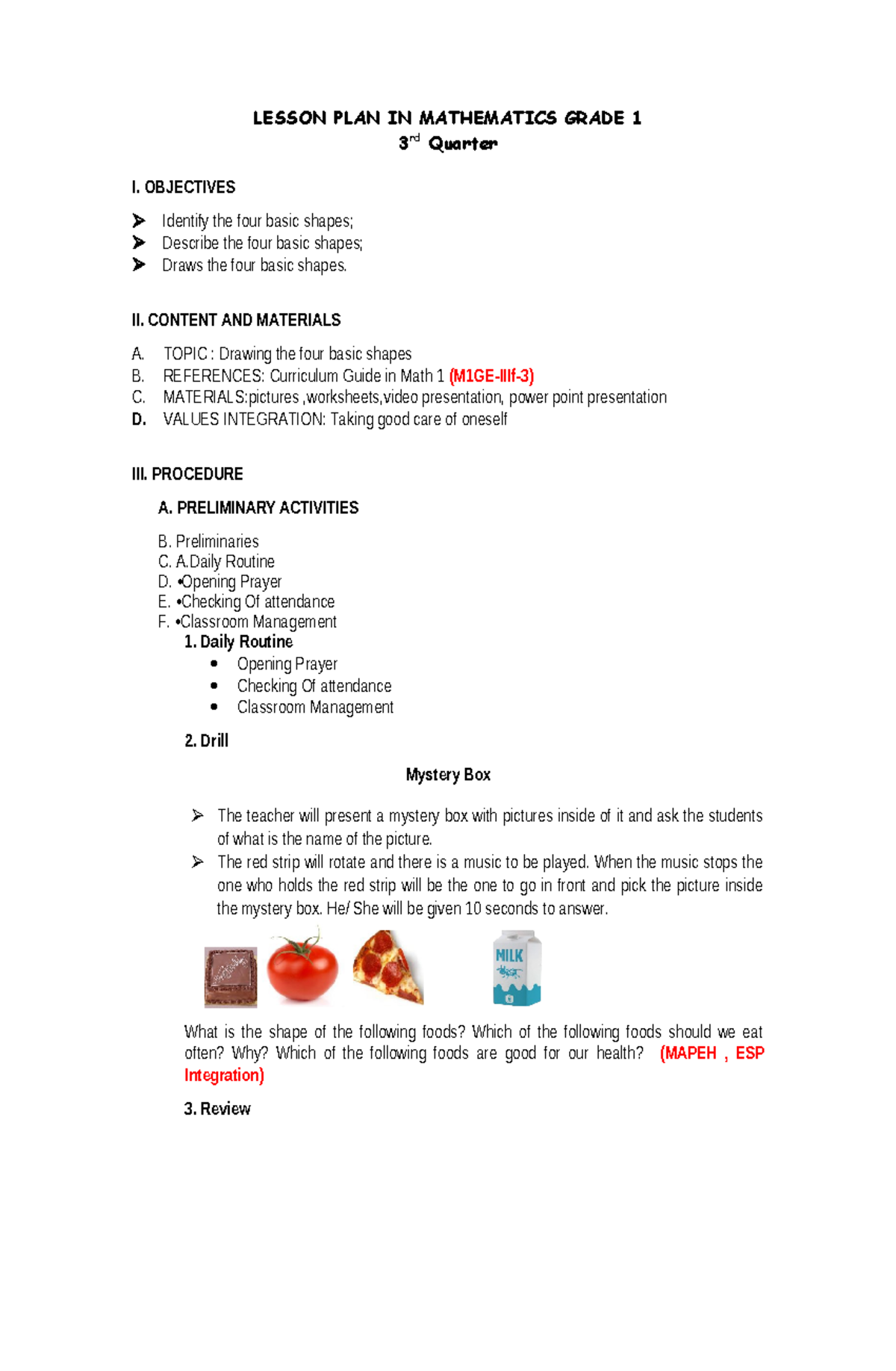 COT 2 Lp-Math-1-3rd-Quarter - LESSON PLAN IN MATHEMATICS GRADE 1 3 rd Quarter I. OBJECTIVES ...