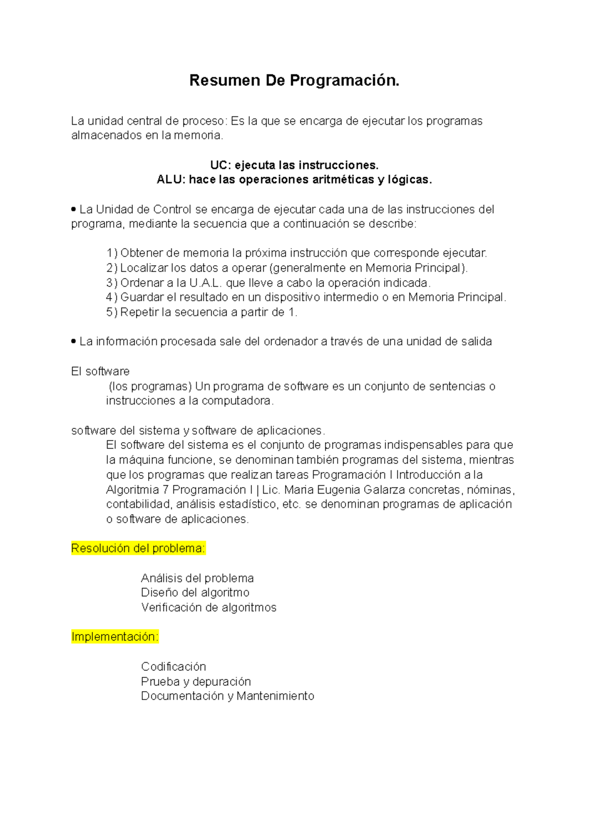 Resumen de teoria de programacion unidad 1 y 2 - Resumen De Programación. La unidad central de ...