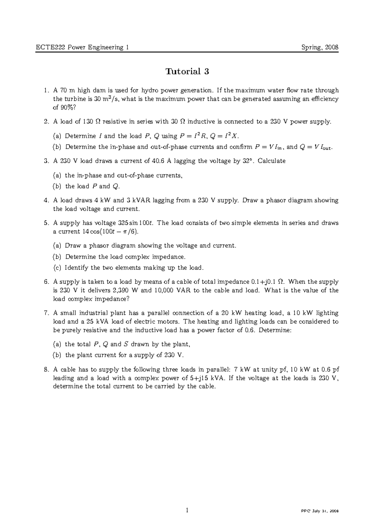 Seminar Assignments Tutorial 34 With Solutions Power Engineering 1 Spring 2008 Tutorial 3