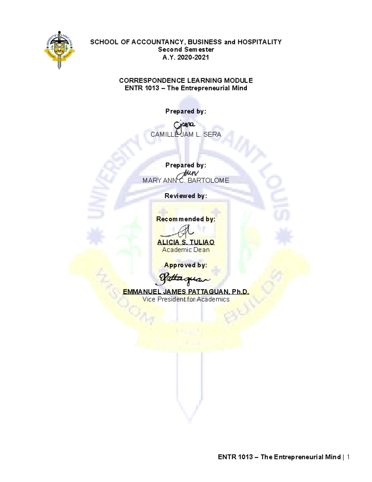 ENTR 1013 week 9 - bhbhb - SCHOOL OF ACCOUNTANCY, BUSINESS and ...