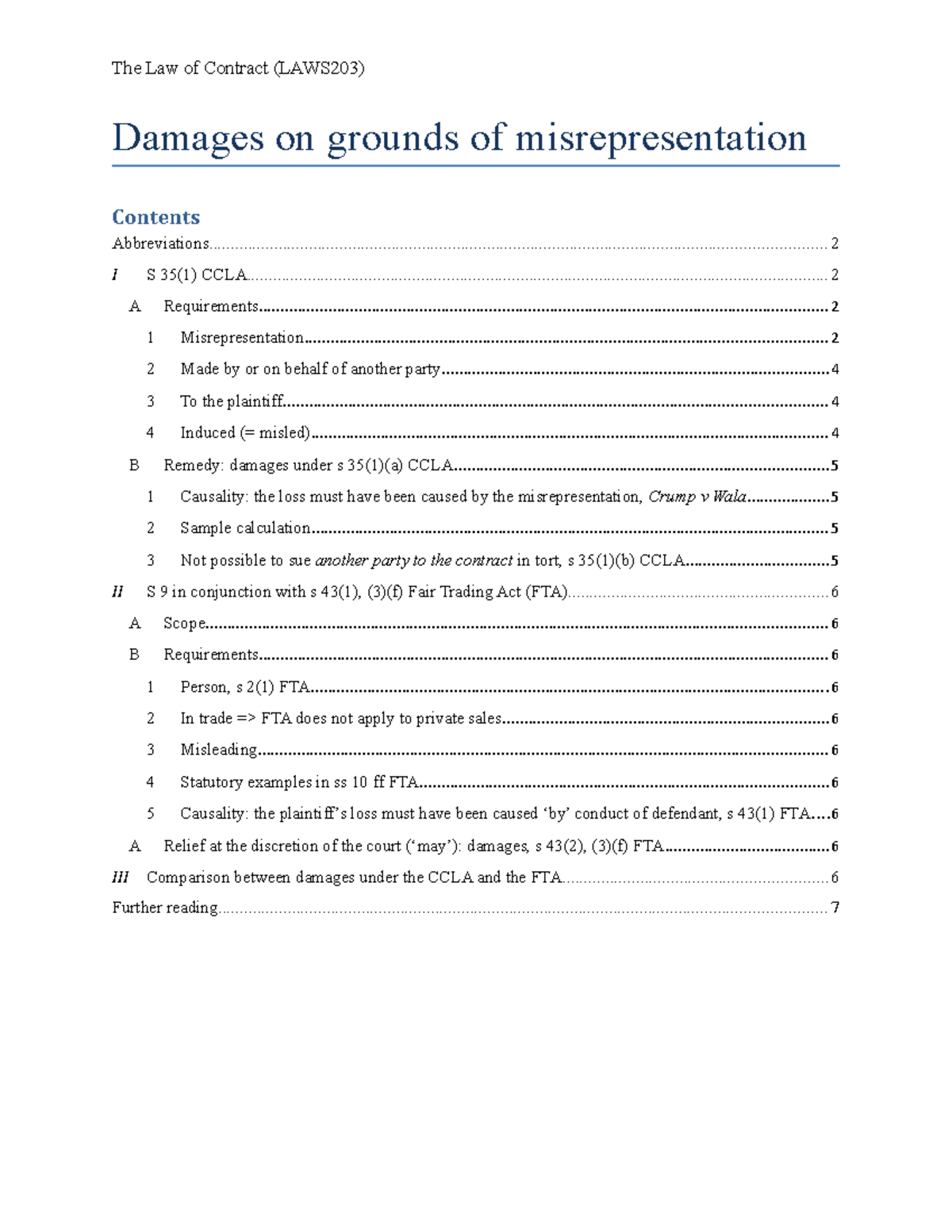 Misrepresentation handout - Damages on grounds of misrepresentation ...