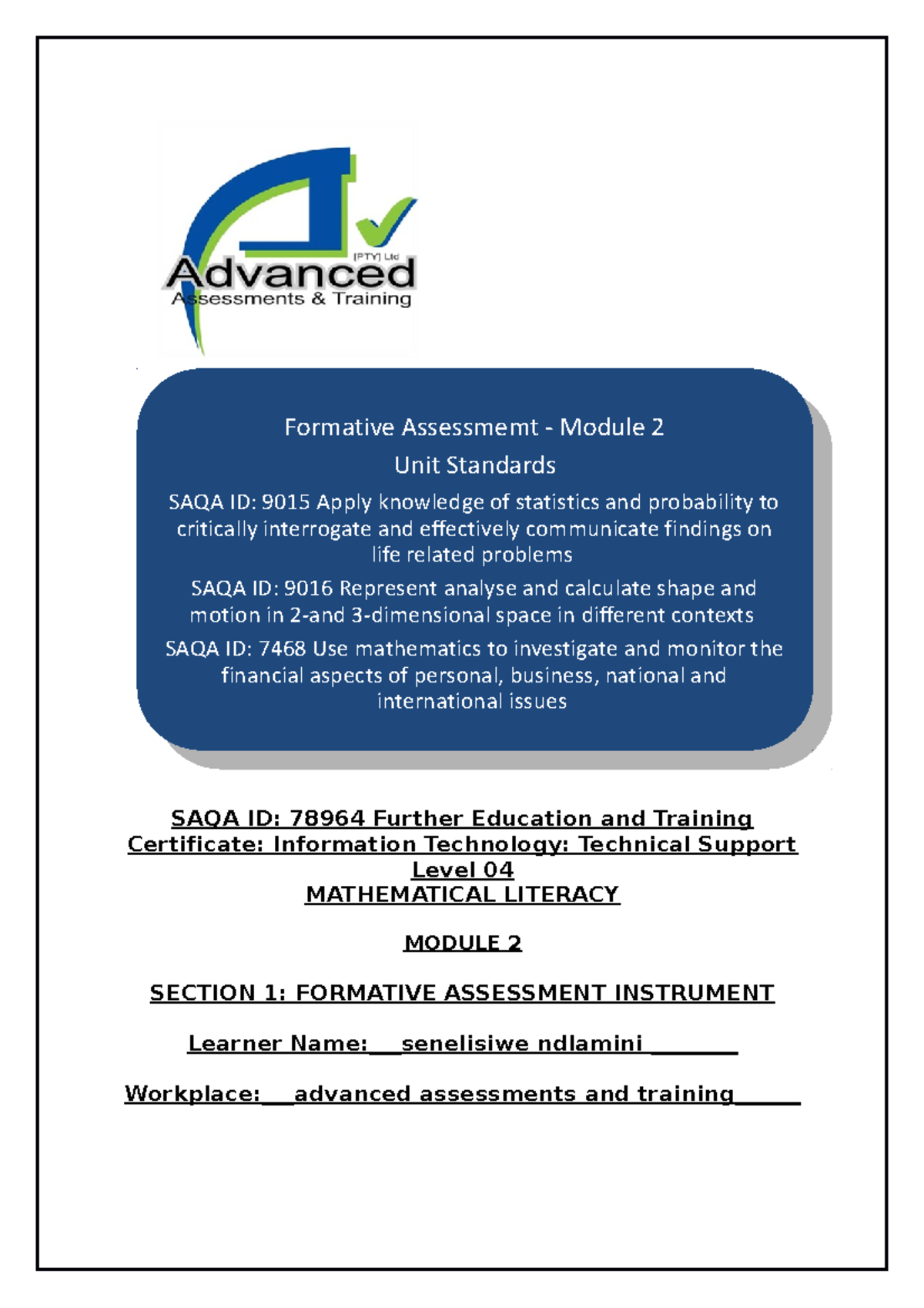 Module 2 FA - Gjbnh - SAQA ID: 78964 Further Education and Training Certificate: Information ...