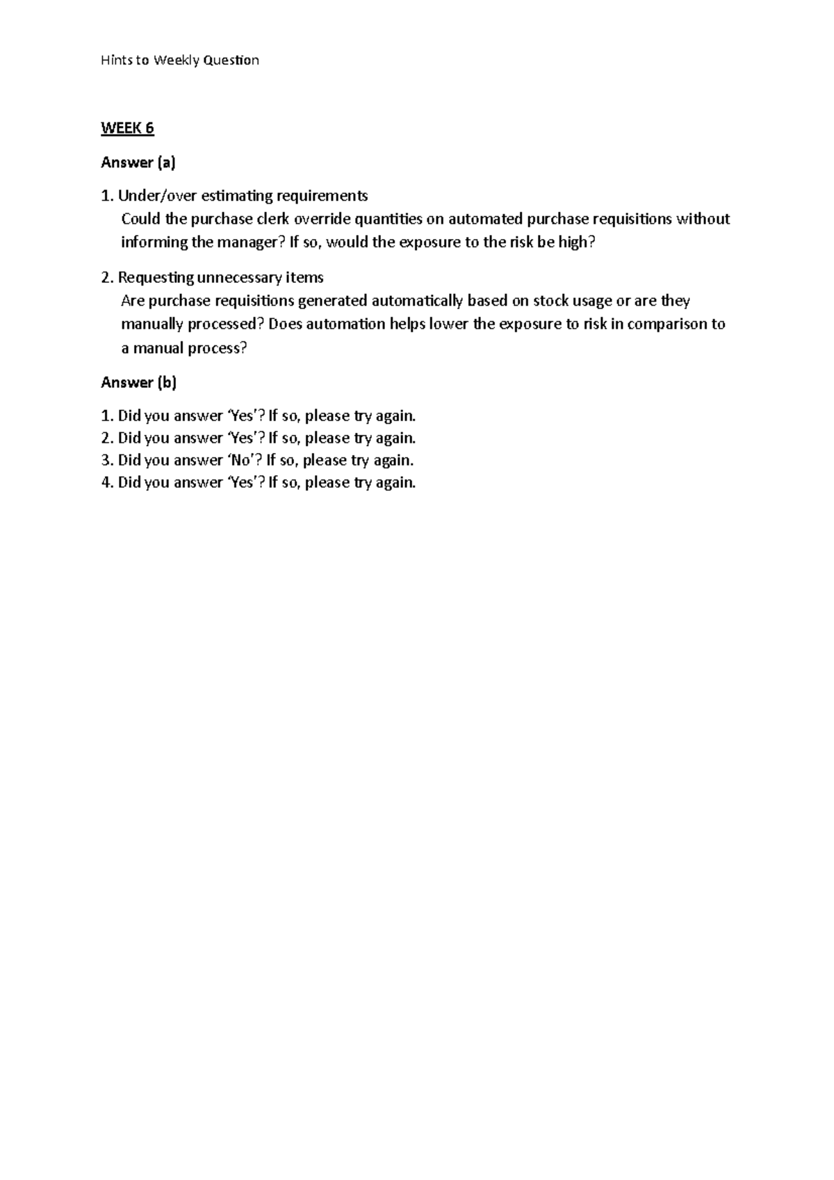 Hints- WEEK 6 - Economic - Hints to Weekly Question WEEK 6 Answer (a ...