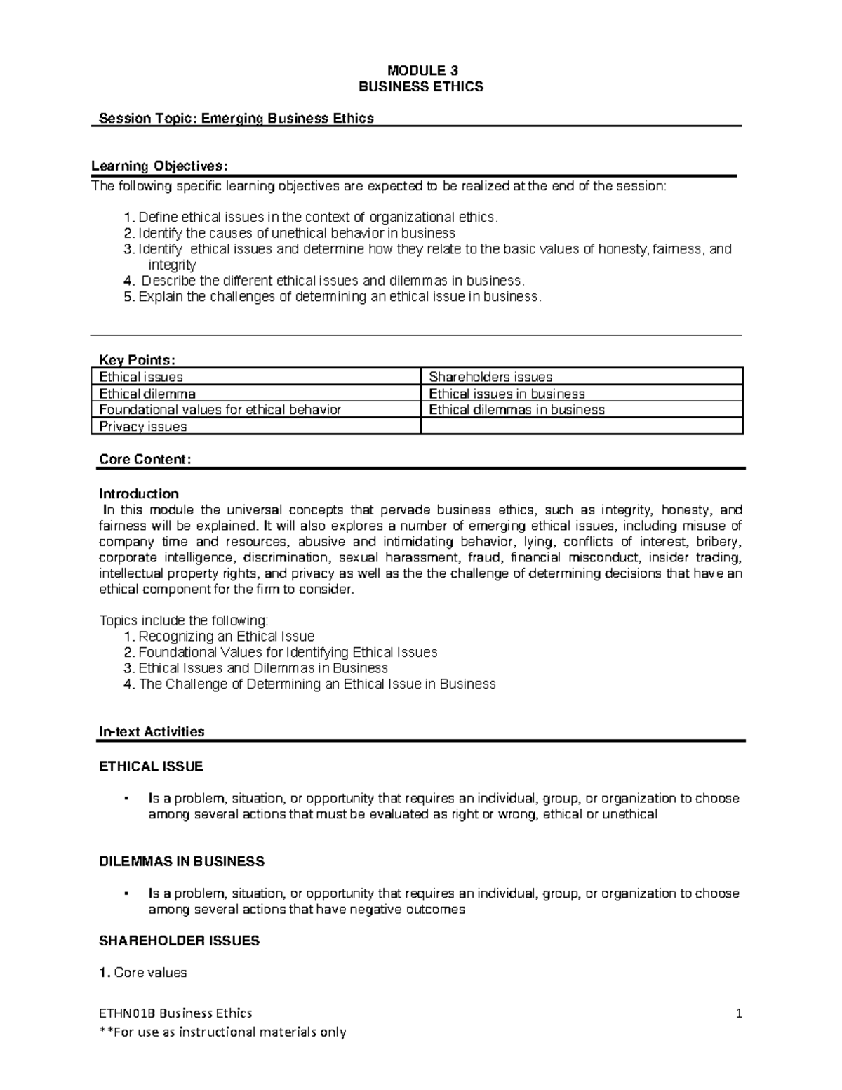 Module 3 Emerging Business Ethics - ETHN01B Business Ethics 1 MODULE 3 ...