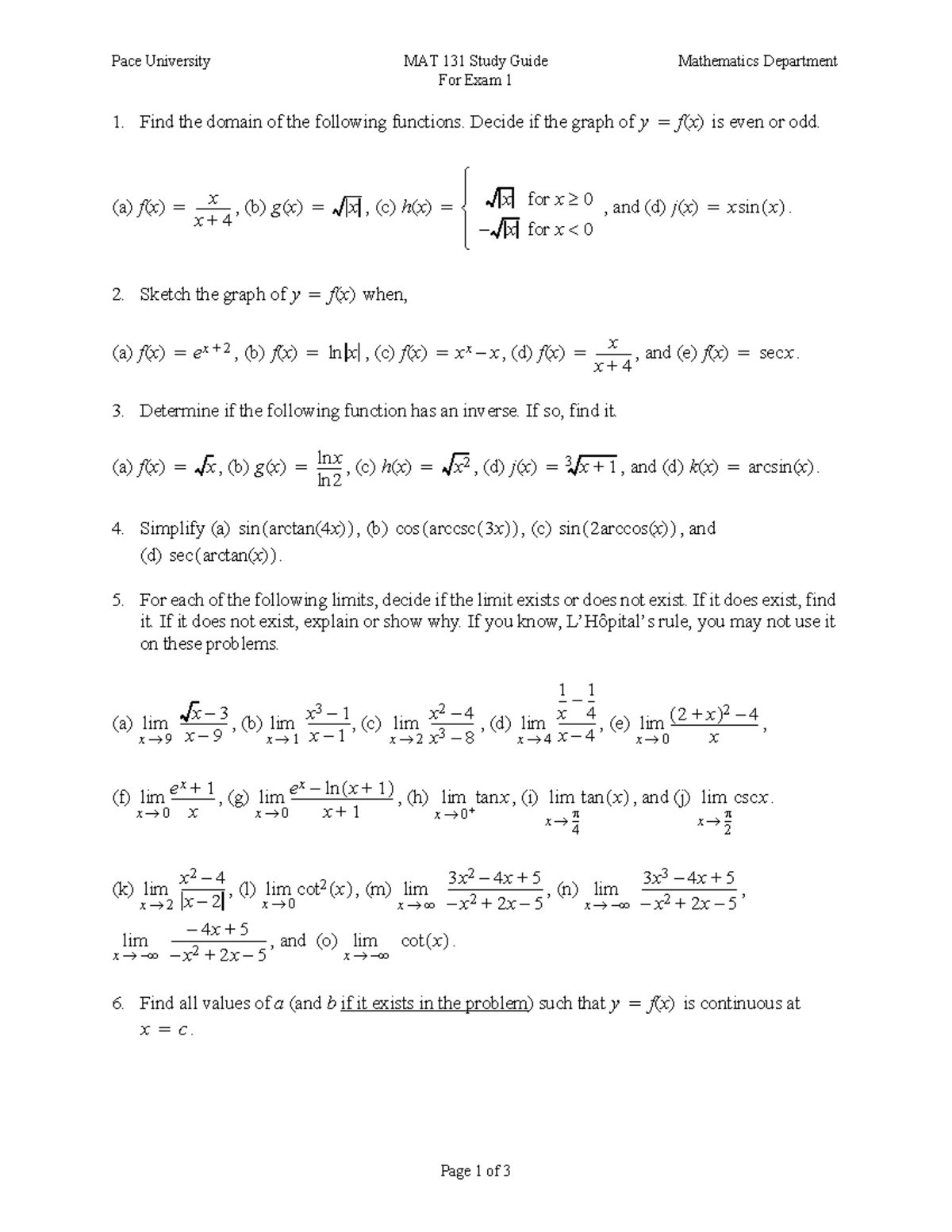 MAT131-Study Guide Exam 1 - Pace University MAT 131 Study Guide ...
