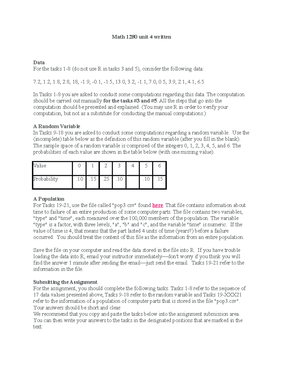 Math 1280 Unit 4 Written Math 1280 Unit 4 Written Data For The Tasks