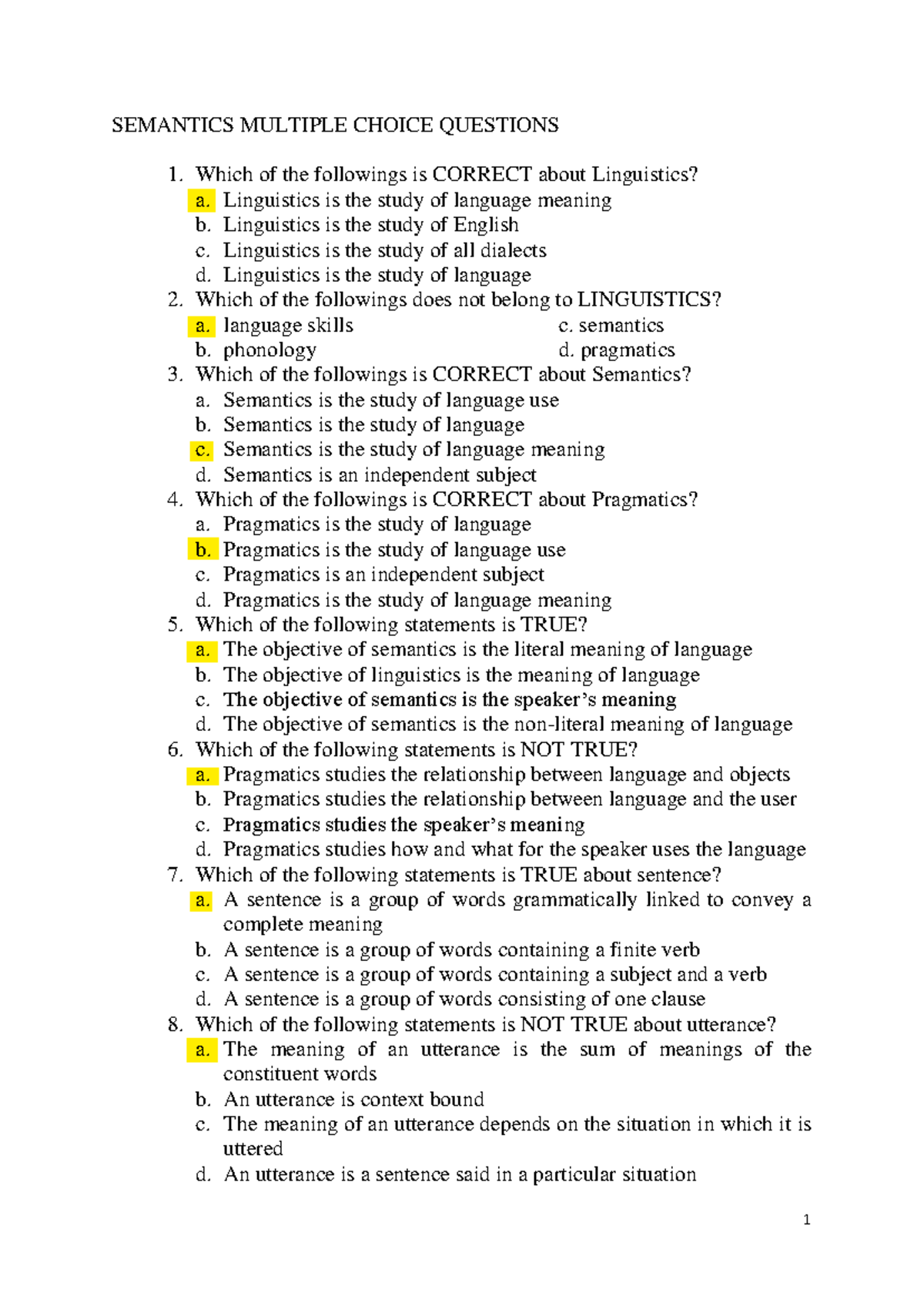 Semantics Revision Questions with Answers - SEMANTICS MULTIPLE CHOICE QUESTIONS Which of the ...