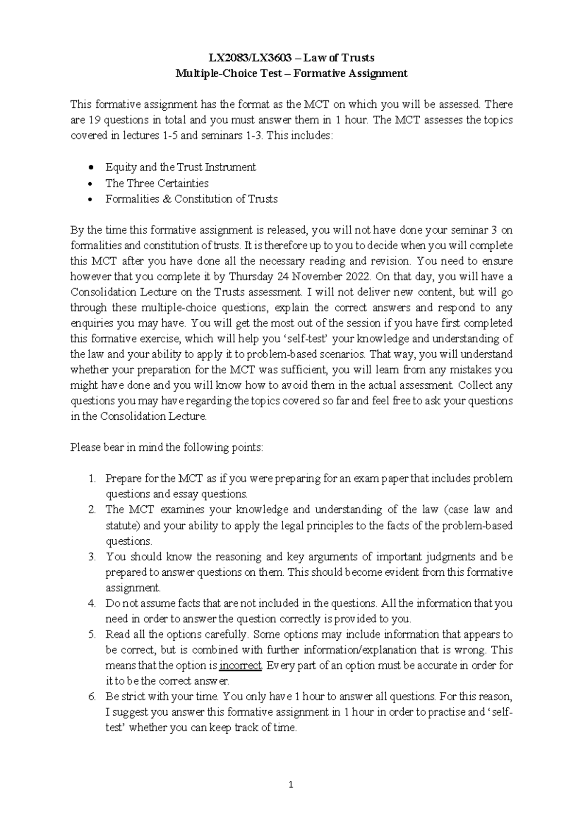 MCT - Formative Assignment - LX2083/LX3603 – Law of Trusts Multiple ...