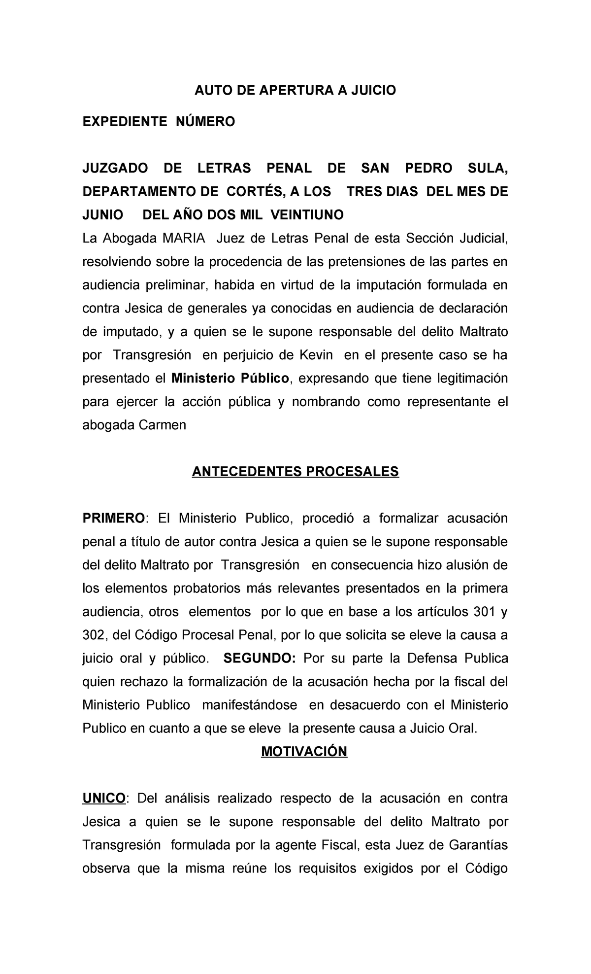 AUTO DE Apertura A Juicio - AUTO DE APERTURA A JUICIO EXPEDIENTE NÚMERO JUZGADO DE LETRAS PENAL ...