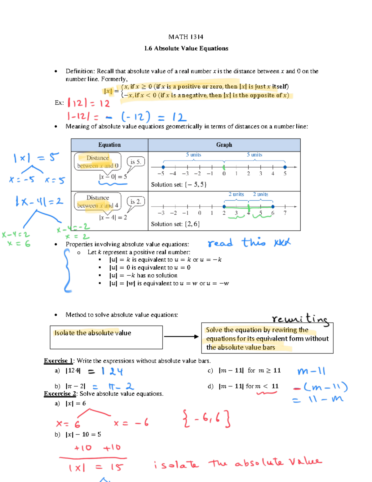 Section 1 - MATH 1314 1 Absolute Value Equations Definition: Recall ...