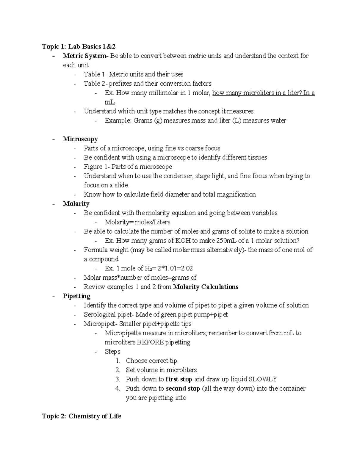 Bio 1107 Practical Review - Topic 1: Lab Basics 1& - Metric System- Be able to convert between ...