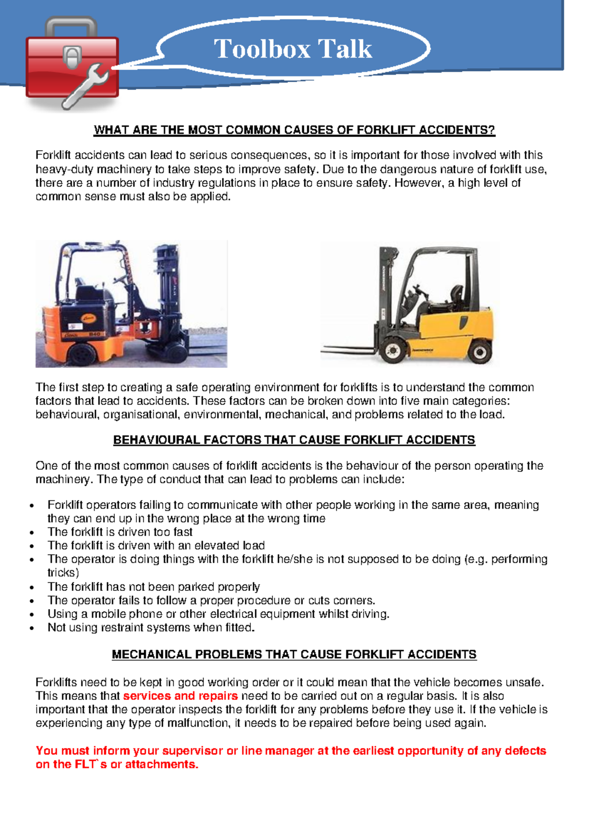 Fork lift truck behavioural - Toolbox Talk WHAT ARE THE MOST COMMON ...