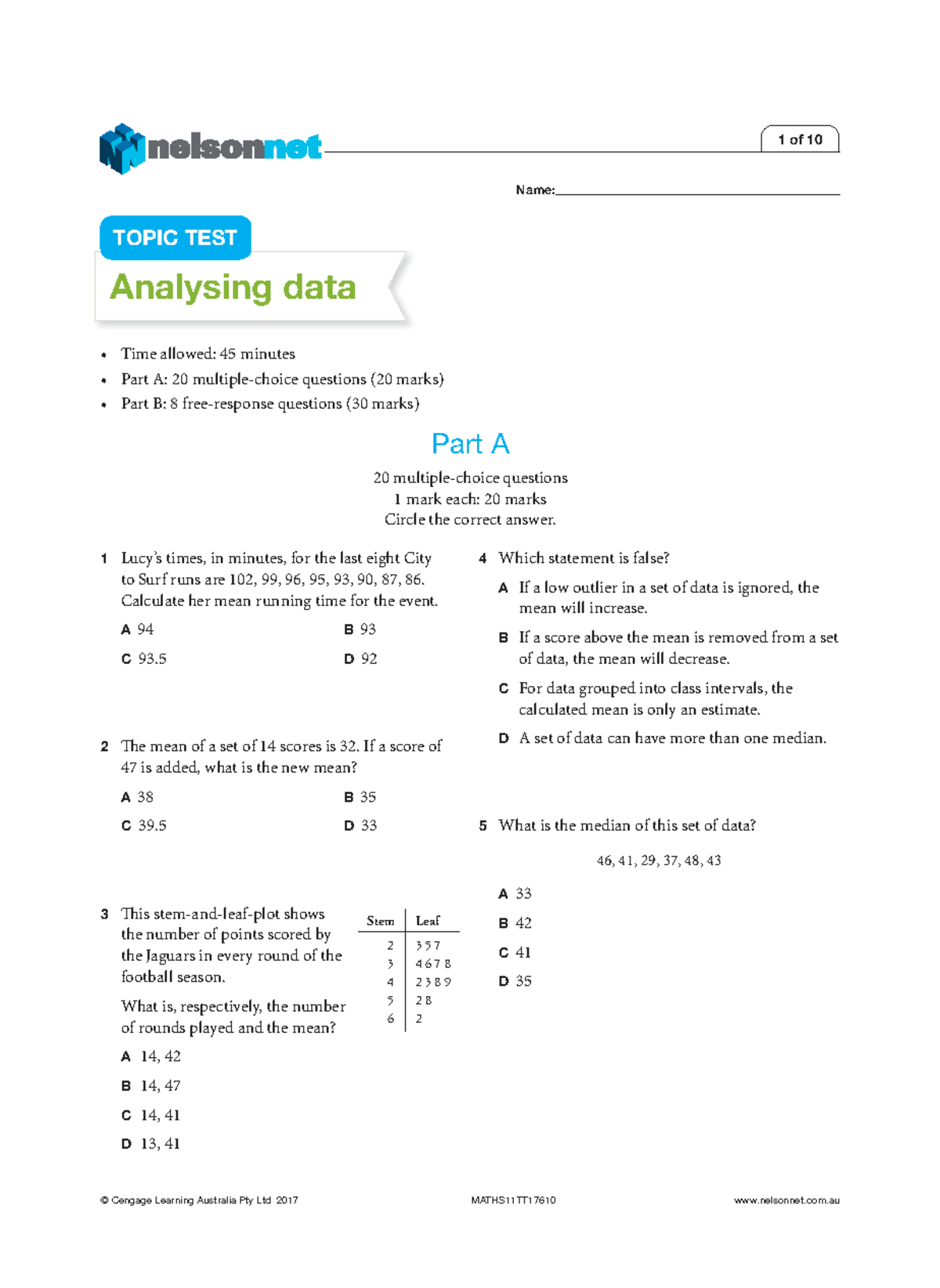 Analysing data topic test - Name: Analysing data • Time allowed: 45 ...