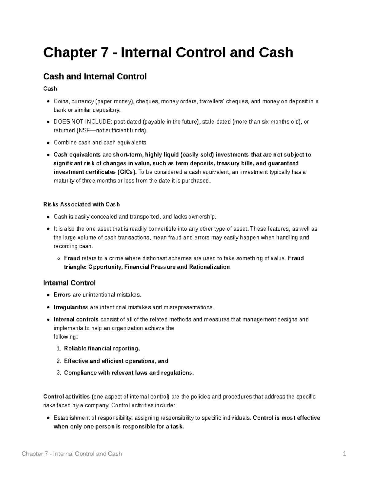 Chapter 7 Internal Control and Cash_Summary - Chapter 7 - Internal ...