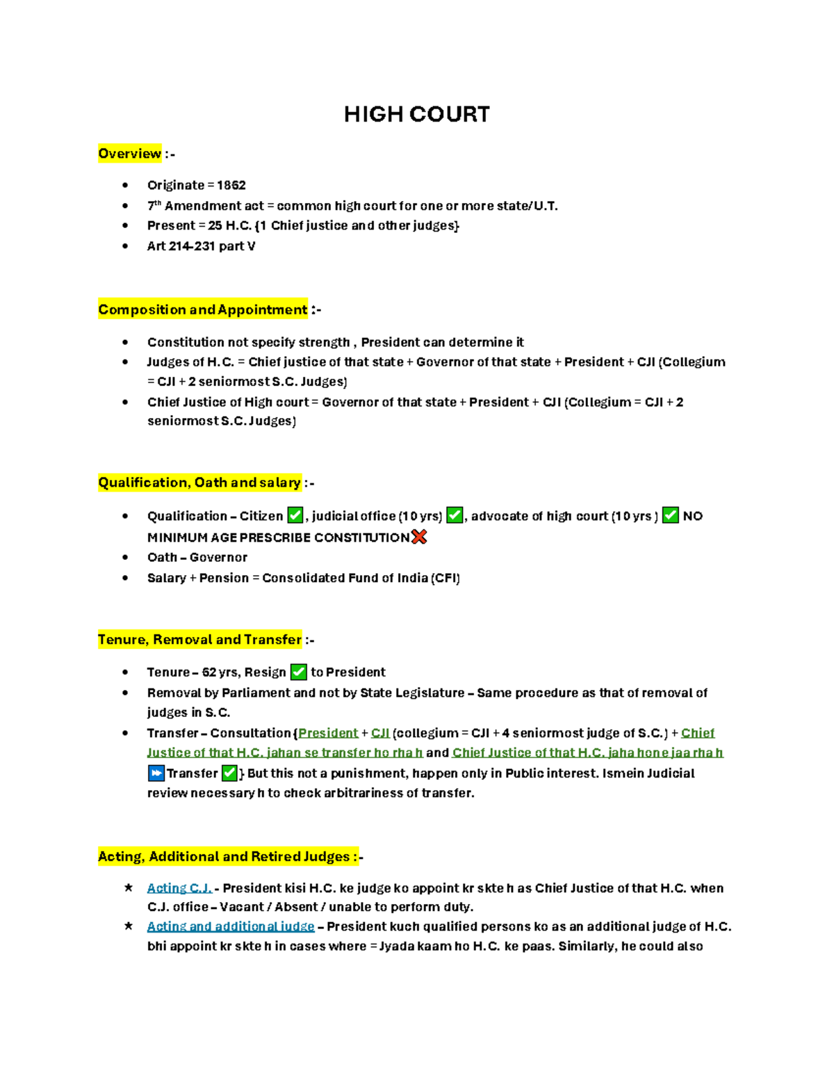 HIGH Court Notes 1 - HIGH COURT Overview :- • Originate = 1862 • 7 th ...