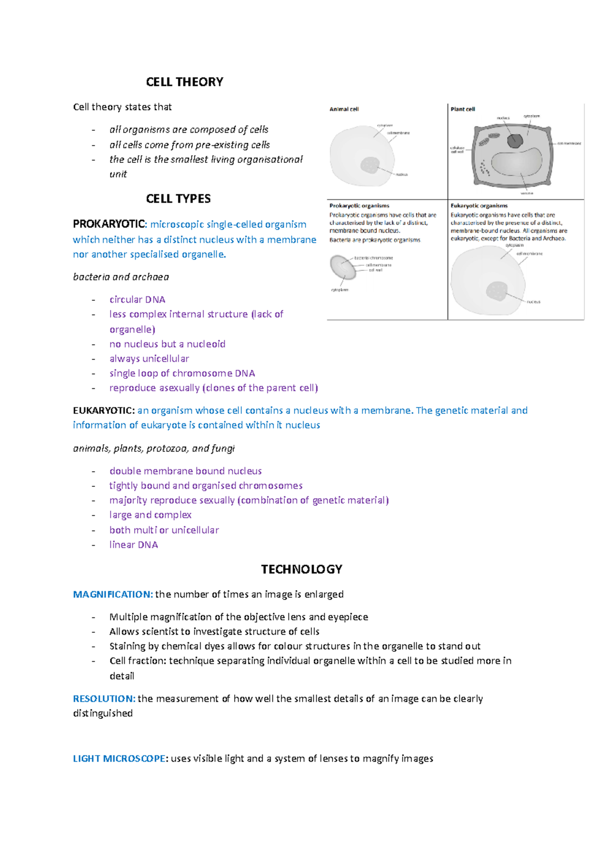 IQ 1 Cell Structure Notes - CELL THEORY Cell theory states that - all ...