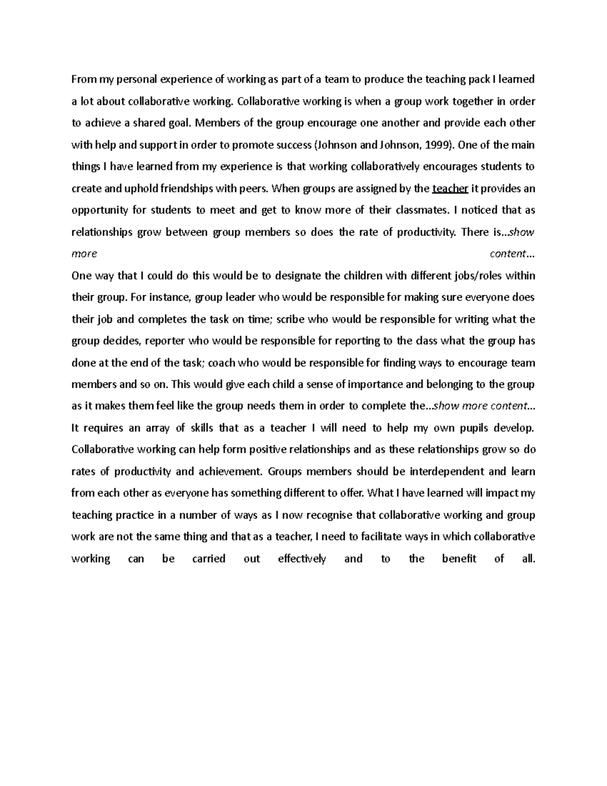 Reflection Writing - From my personal experience of working as part of ...