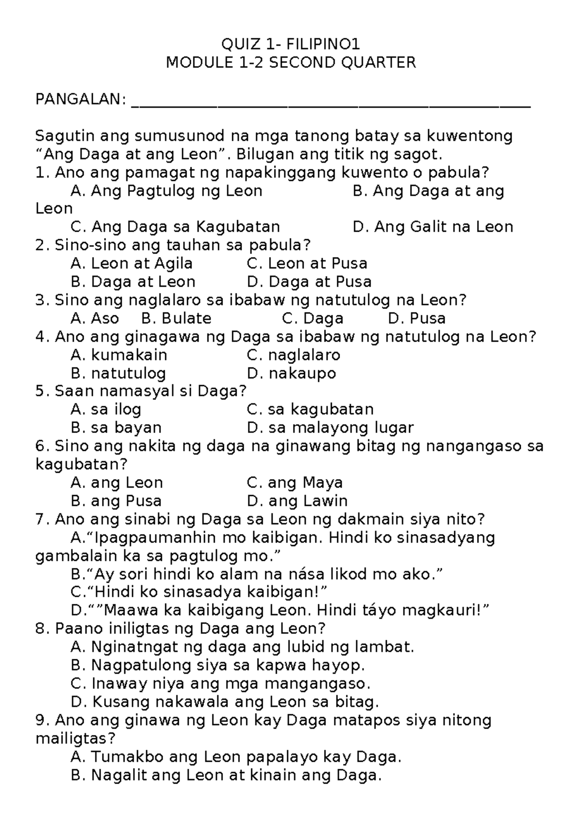 QUIZ 1FIL - QUIZ 1- FILIPINO MODULE 1-2 SECOND QUARTER PANGALAN: - Studocu