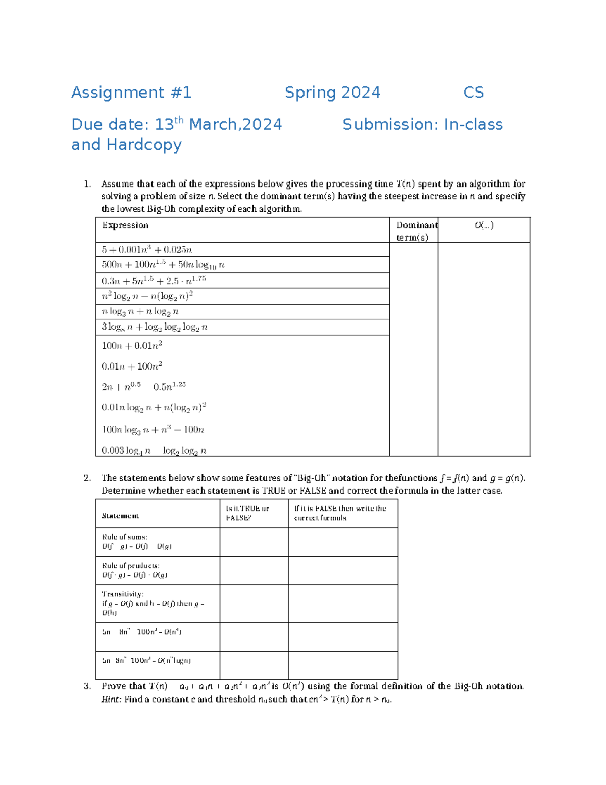 Assignment-no1-cs - Its Assignment - Assignment #1 Spring 2024 CS Due date: 13 th March,2024 ...