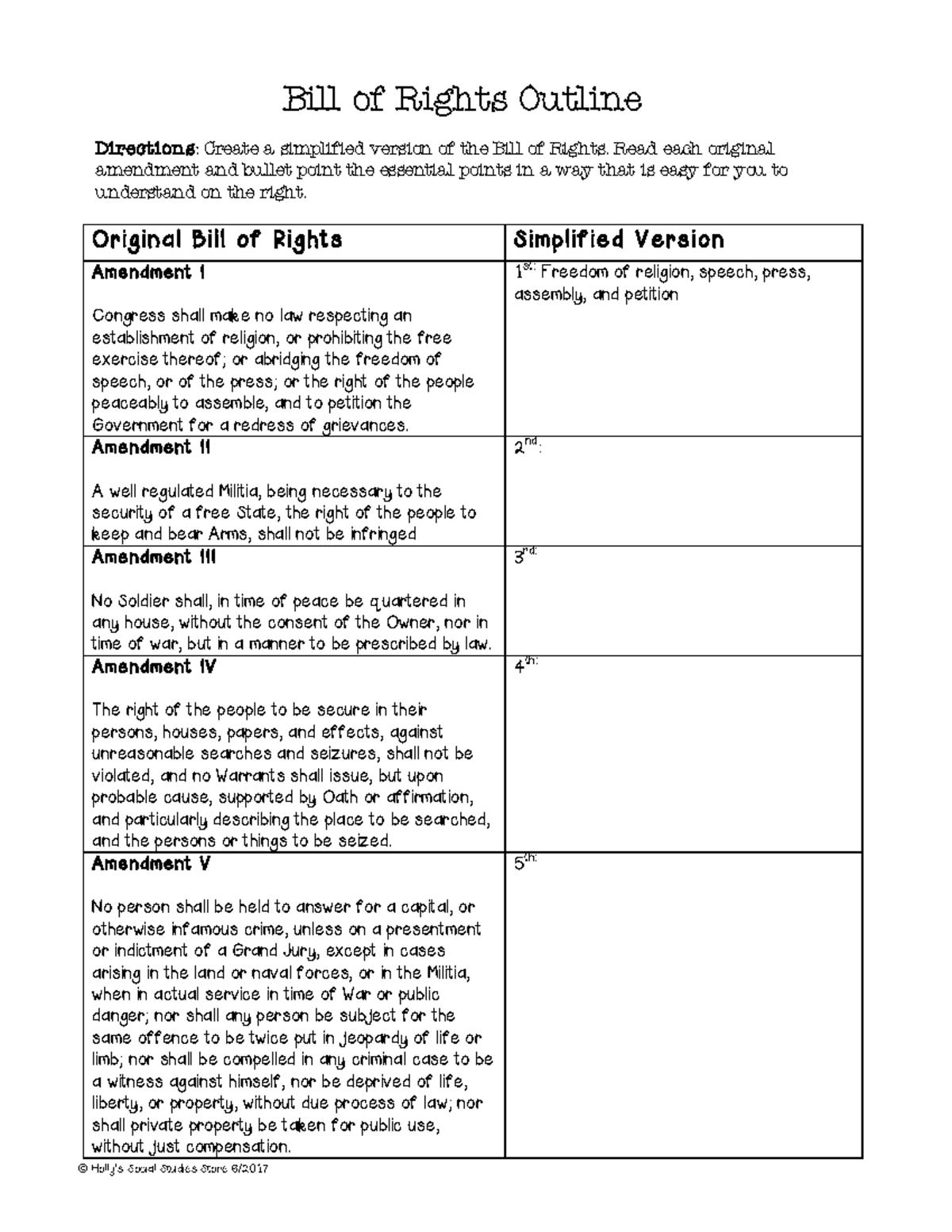 Bill of Rights Outline - ... - © Holly’s Social Studies Store 6 ...