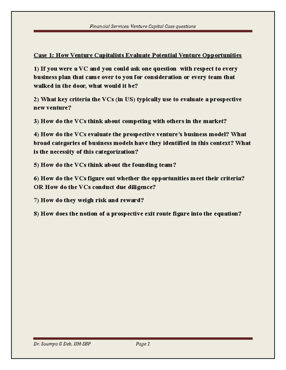 Venture Capital Case questions - Soumya G Deb, Page 1 Financial ...