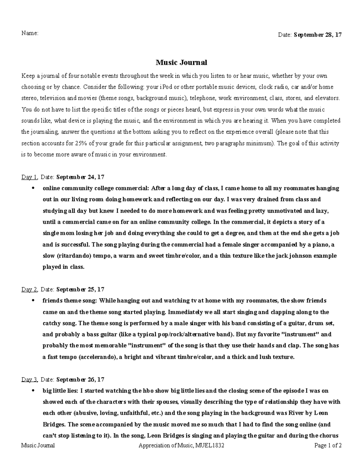 Music Journal Worksheet 1 - Name: Date: September 28, 17 Music Journal ...