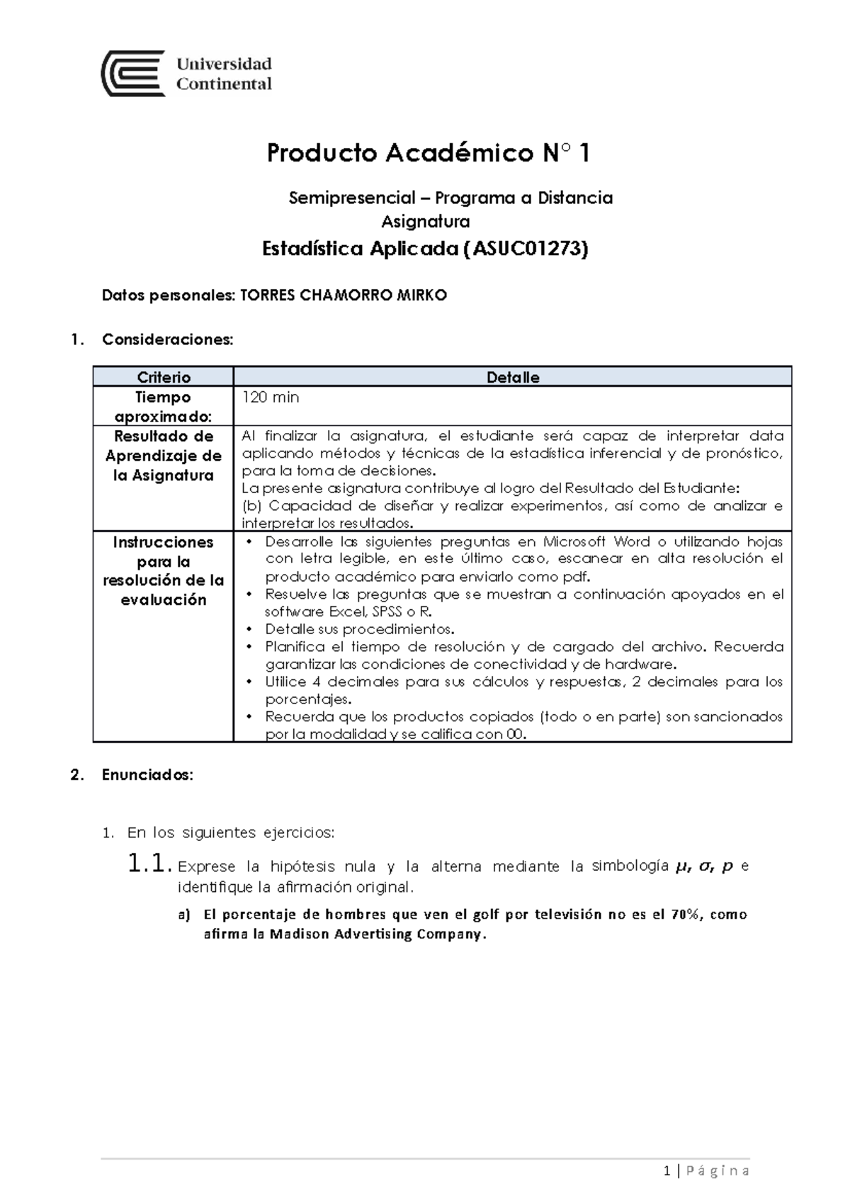 Estadistica Aplicada (producto academico 1) - Producto Académico N° 1 Semipresencial – Programa ...