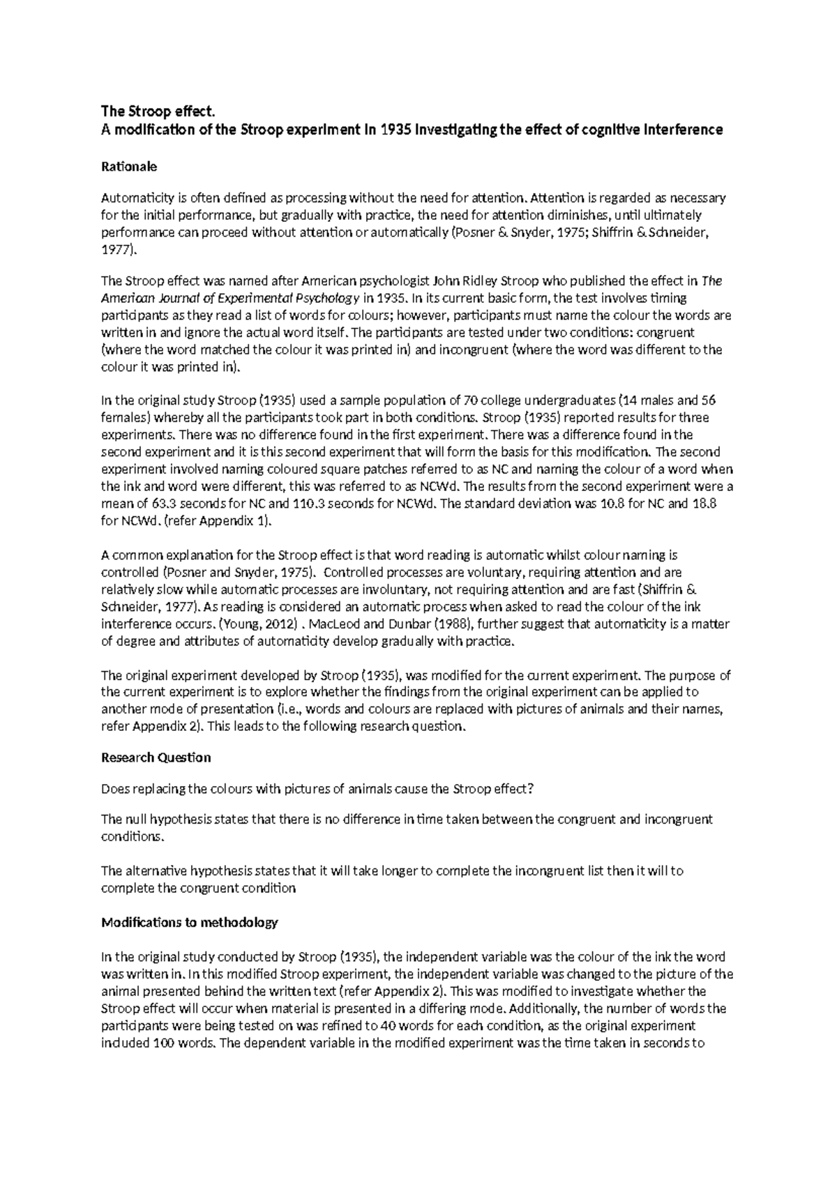 Psychology assignment - The Stroop effect. A modification of the Stroop ...