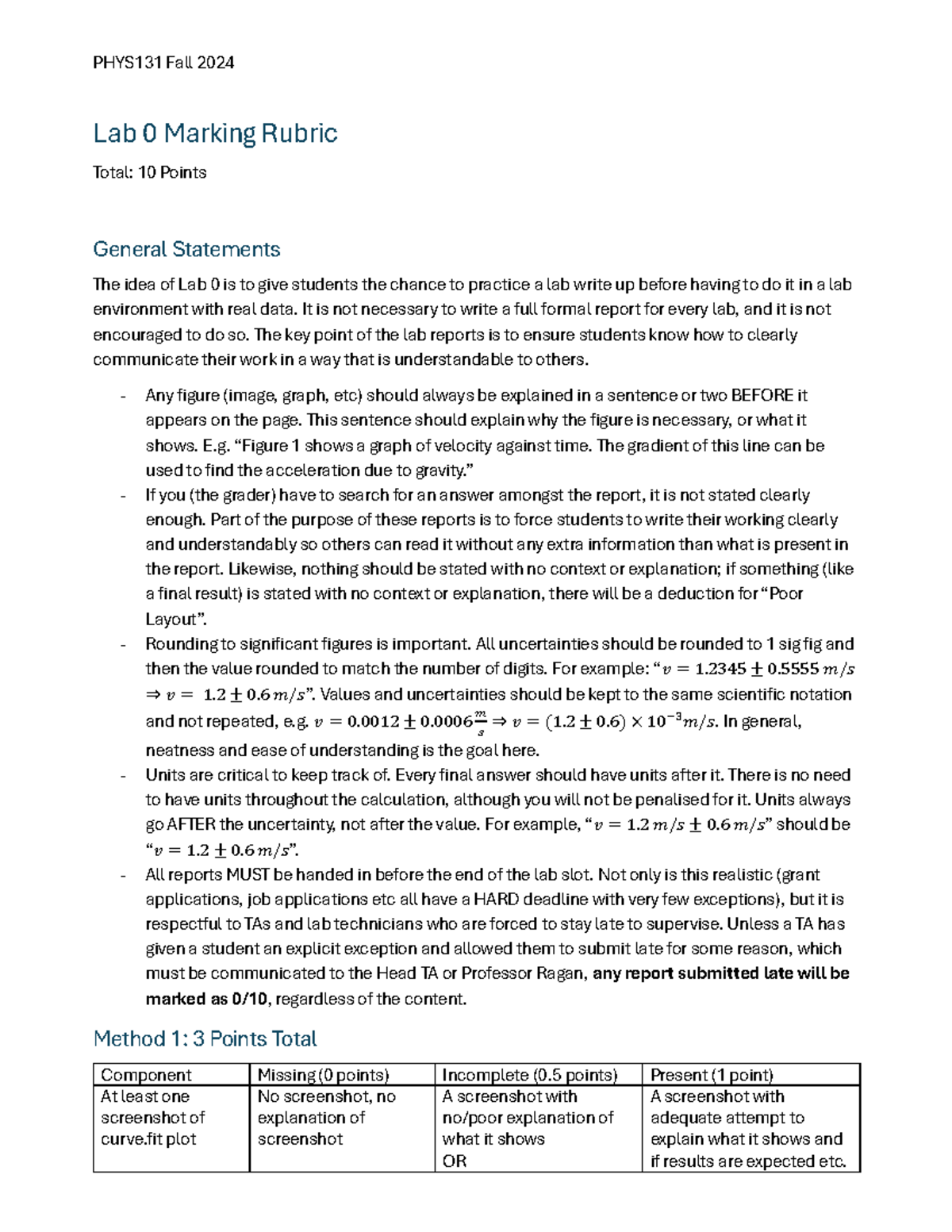 Lab 0 Marking Rubric - PHYS131 Fall 2024 Lab 0 Marking Rubric Total: 10 ...