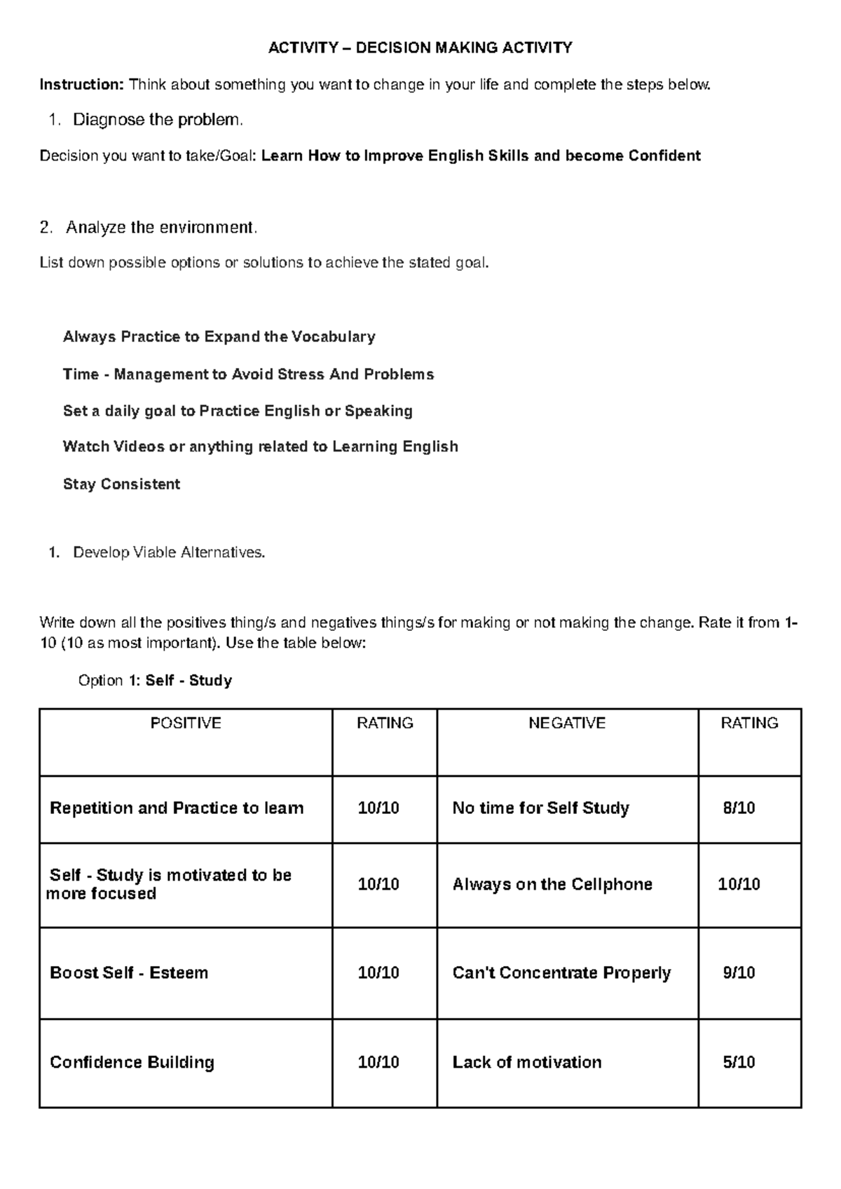 Decision- Making- Activity - ACTIVITY – DECISION MAKING ACTIVITY ...