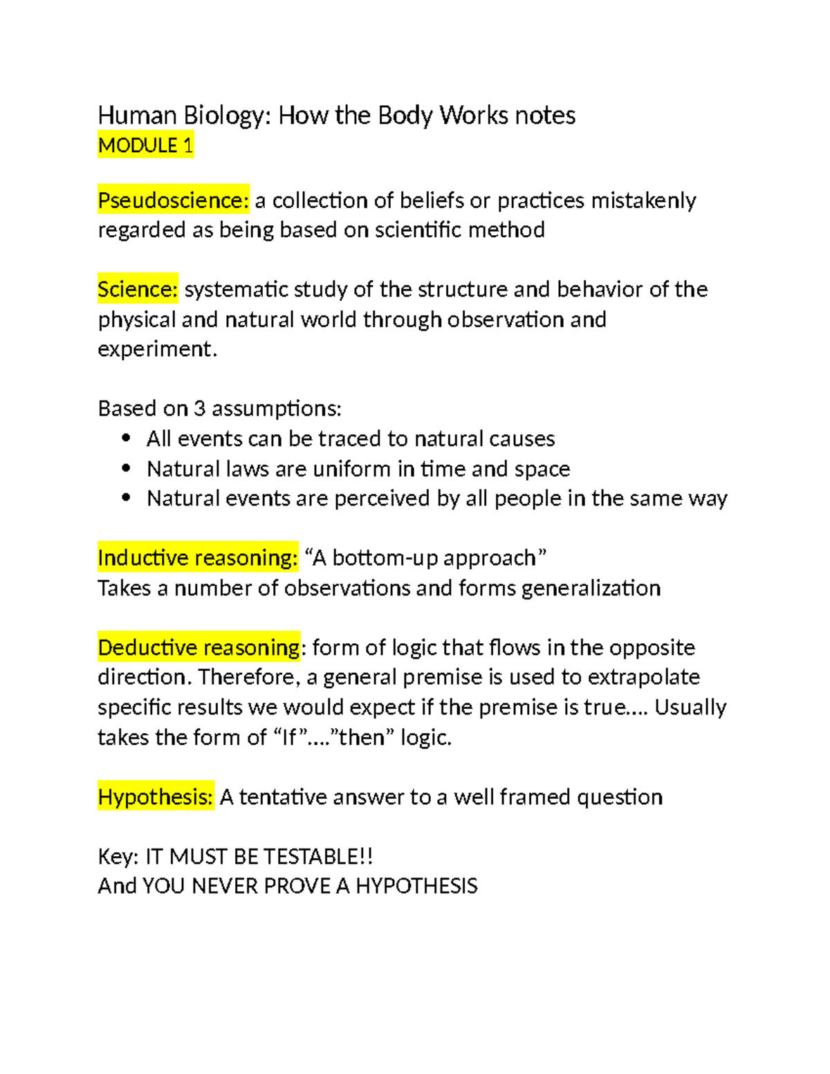 Human Biology Notes - Human Biology: How the Body Works notes MODULE 1 ...