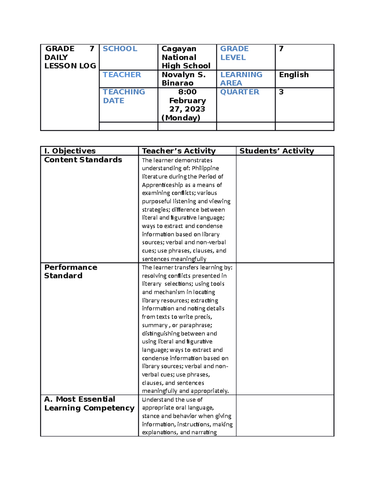 DLP Revised - It's a lesson plan for our intern practice - GRADE 7 ...
