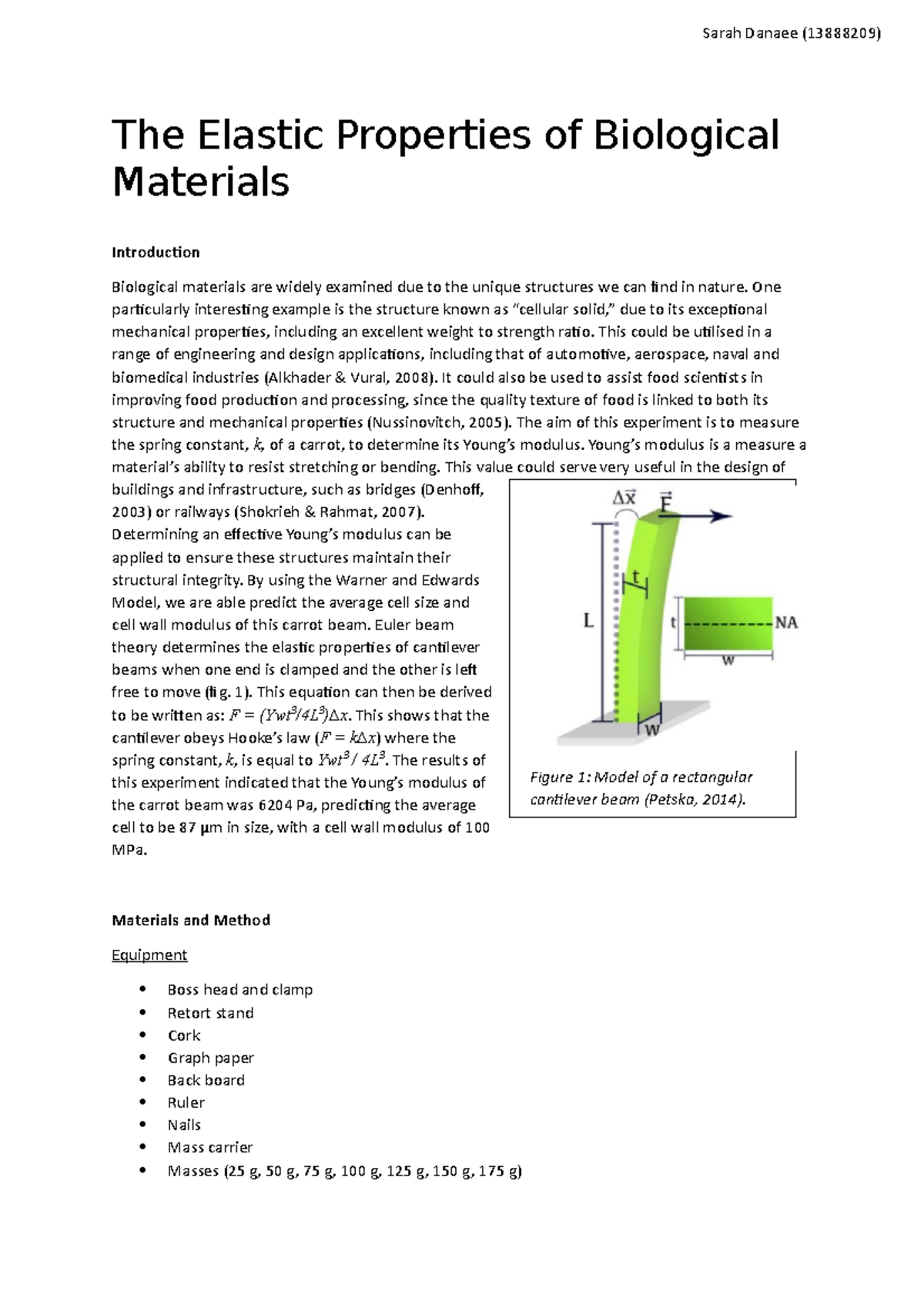 Elastic Properties of Biological Materials (full marks, practical ...