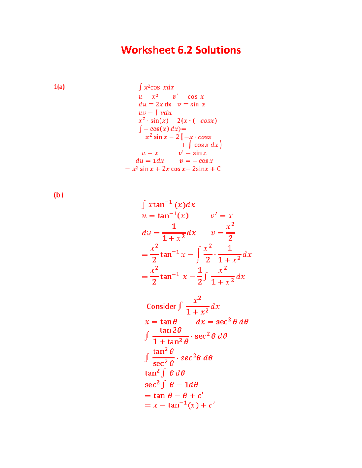 Worksheet 6 Worked Out Examples - Worksheet 6 Solutions 1(a) ∫ 𝑥 2 cos ...