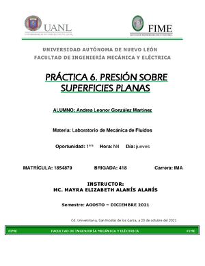 Practica 3 2077387 - mecanica de fluidos - UNIVERSIDAD AUTONÓMA DE NUEVO LEÓN FACULTAD DE ...
