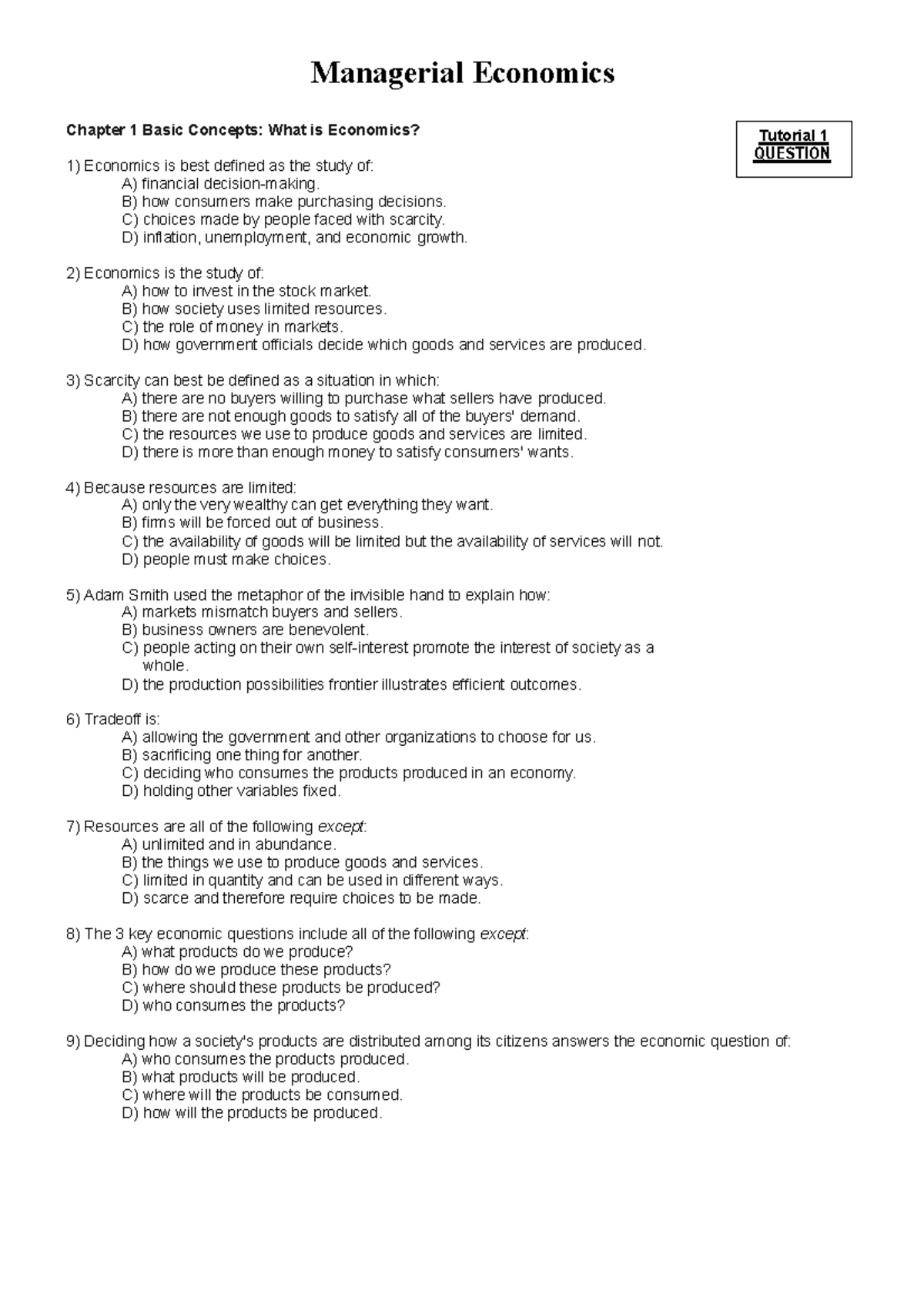 Question Tutorial 1 - Exercise - Managerial Economics Chapter 1 Basic ...