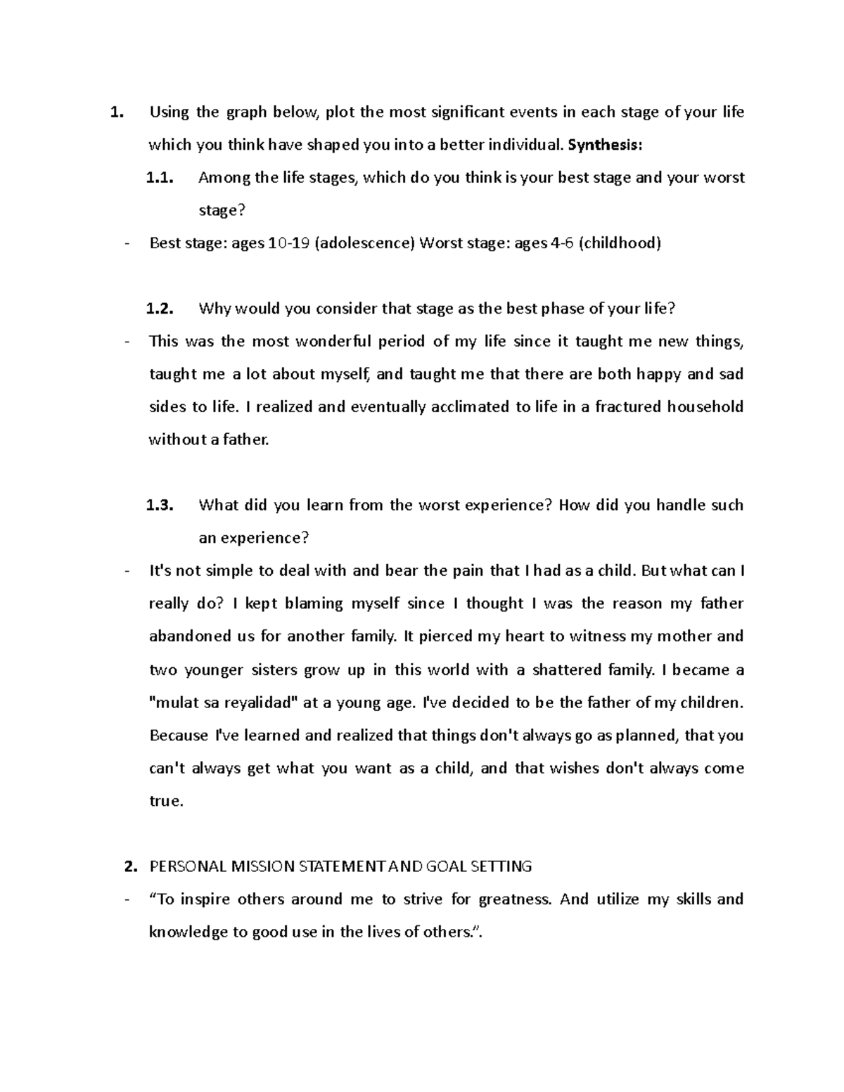 LIFE Cycle AND GOAL Setting Activity Output - Using the graph below ...