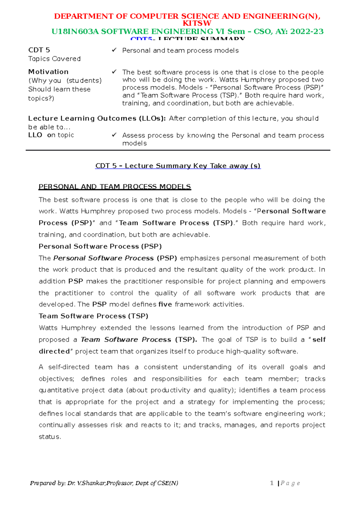 Personal and Team process models - DEPARTMENT OF COMPUTER SCIENCE AND ...