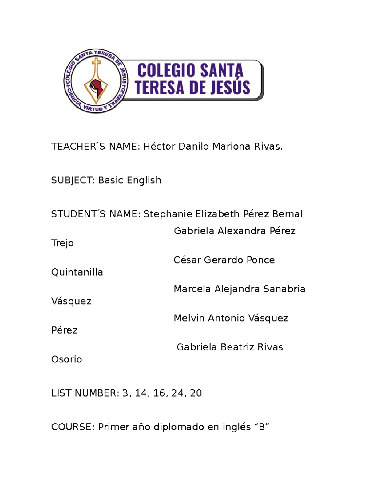Reporte inglés - aaa - TEACHER ́ S NAME: Héctor Danilo Mariona Rivas ...