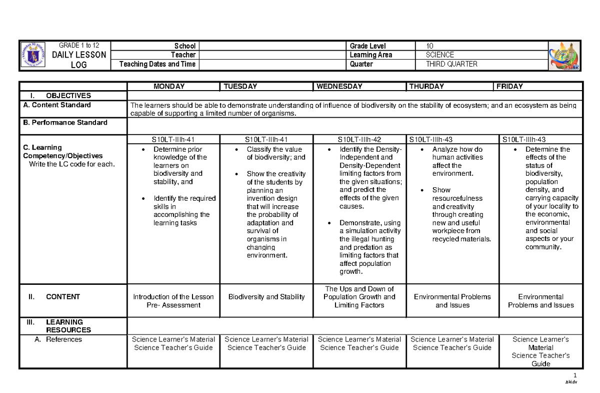 DLL MOD.4 3RD QRTR G10 - 1 MONDAY TUESDAY WEDNESDAY THURDAY FRIDAY I. OBJECTIVES A. Content ...